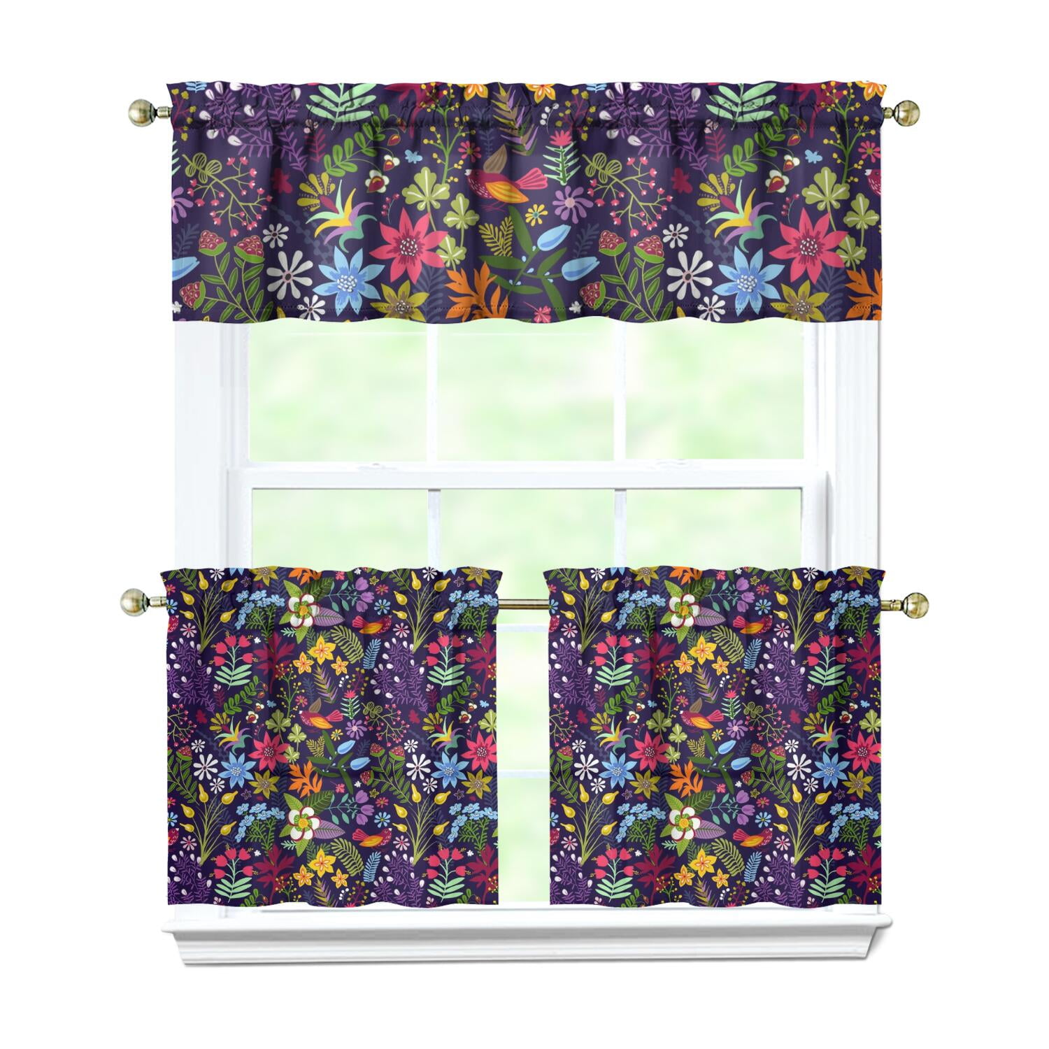 Bright Colorful Floral Kitchen Curtains - 3 PC Set with Valance for ...