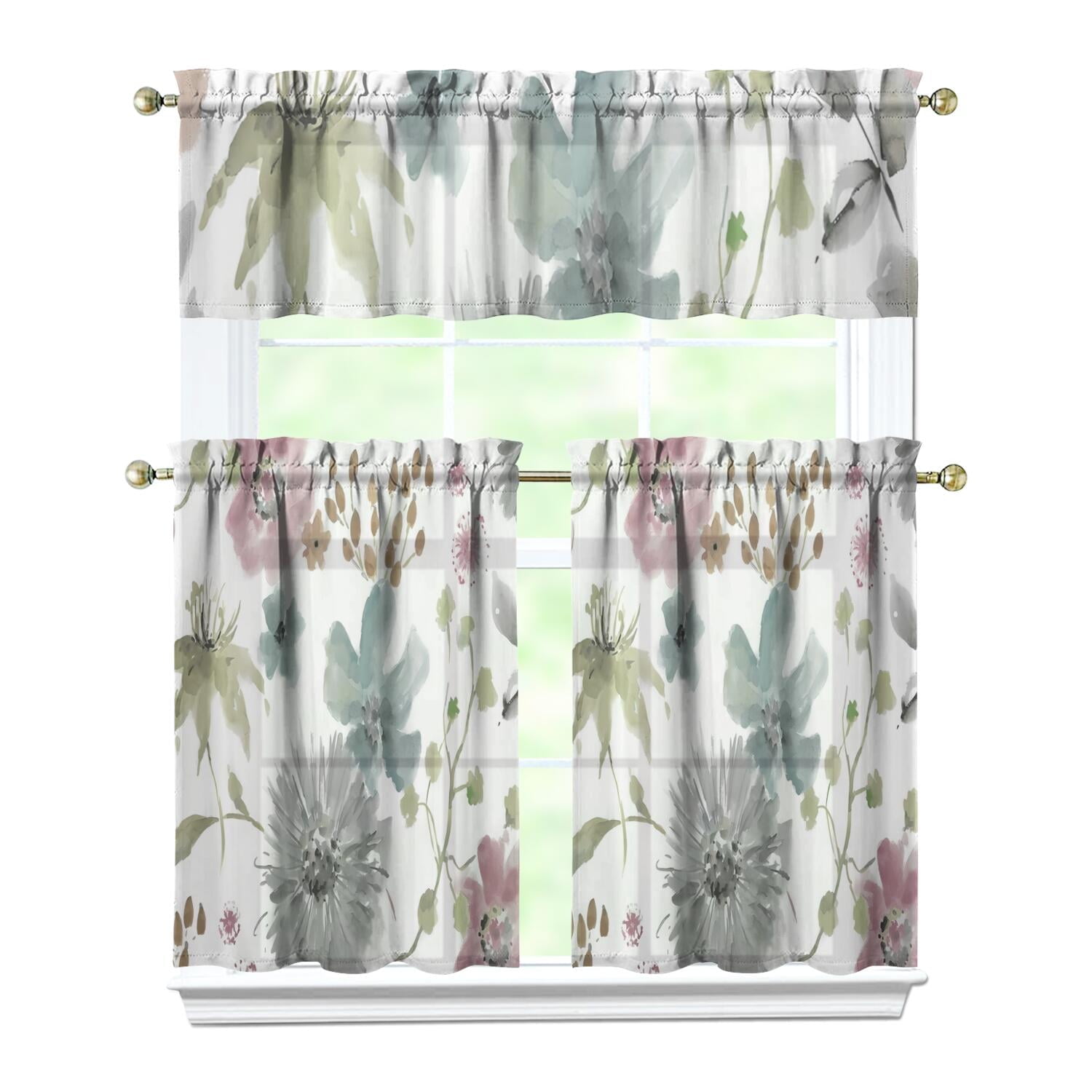 Bright Colorful Floral Kitchen Curtains Set - Vintage Bloom and Blossom Rod Pocket Tier Panels ...