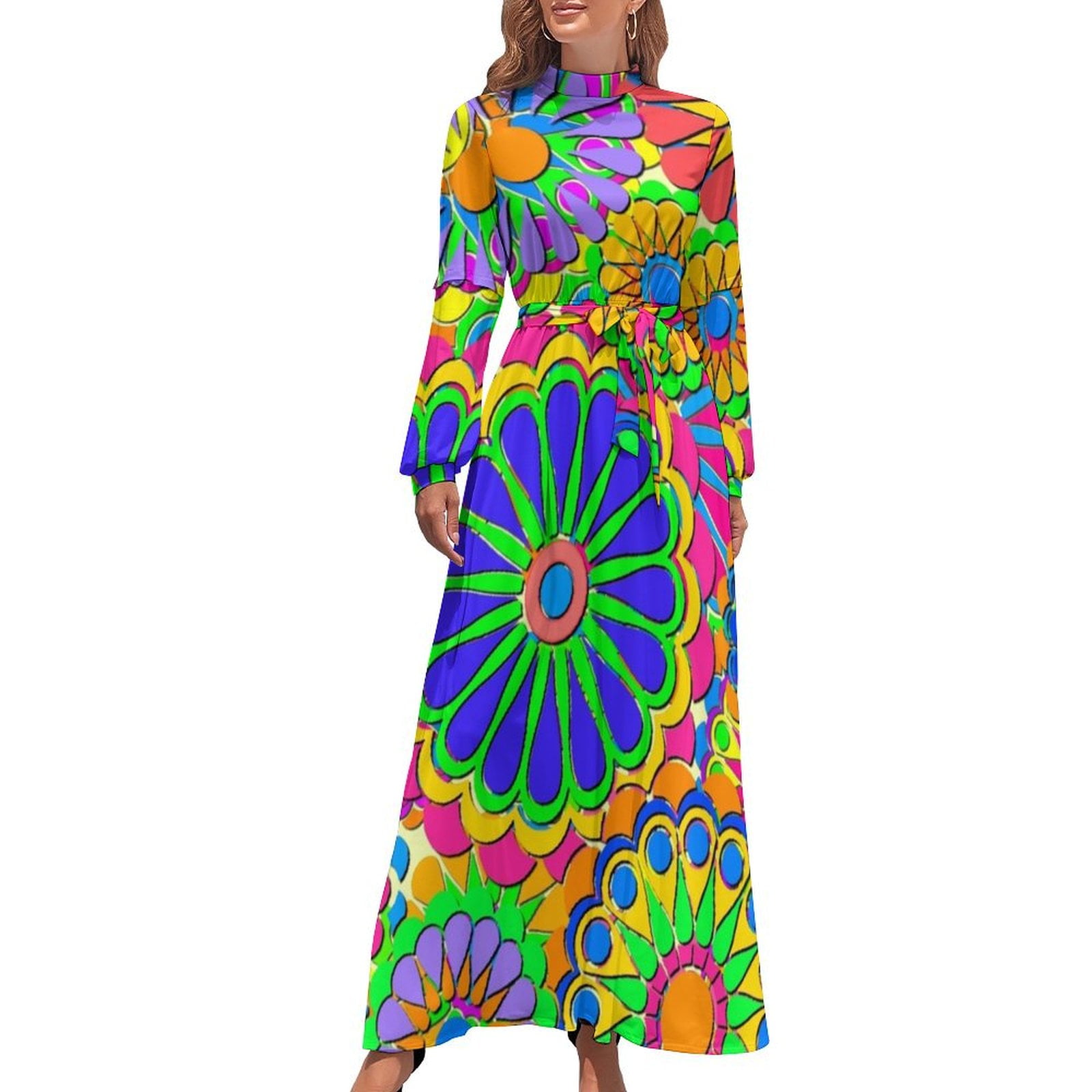 Bright Colorful Flower Power Hippy Retro Style Long Dress evening dress ...