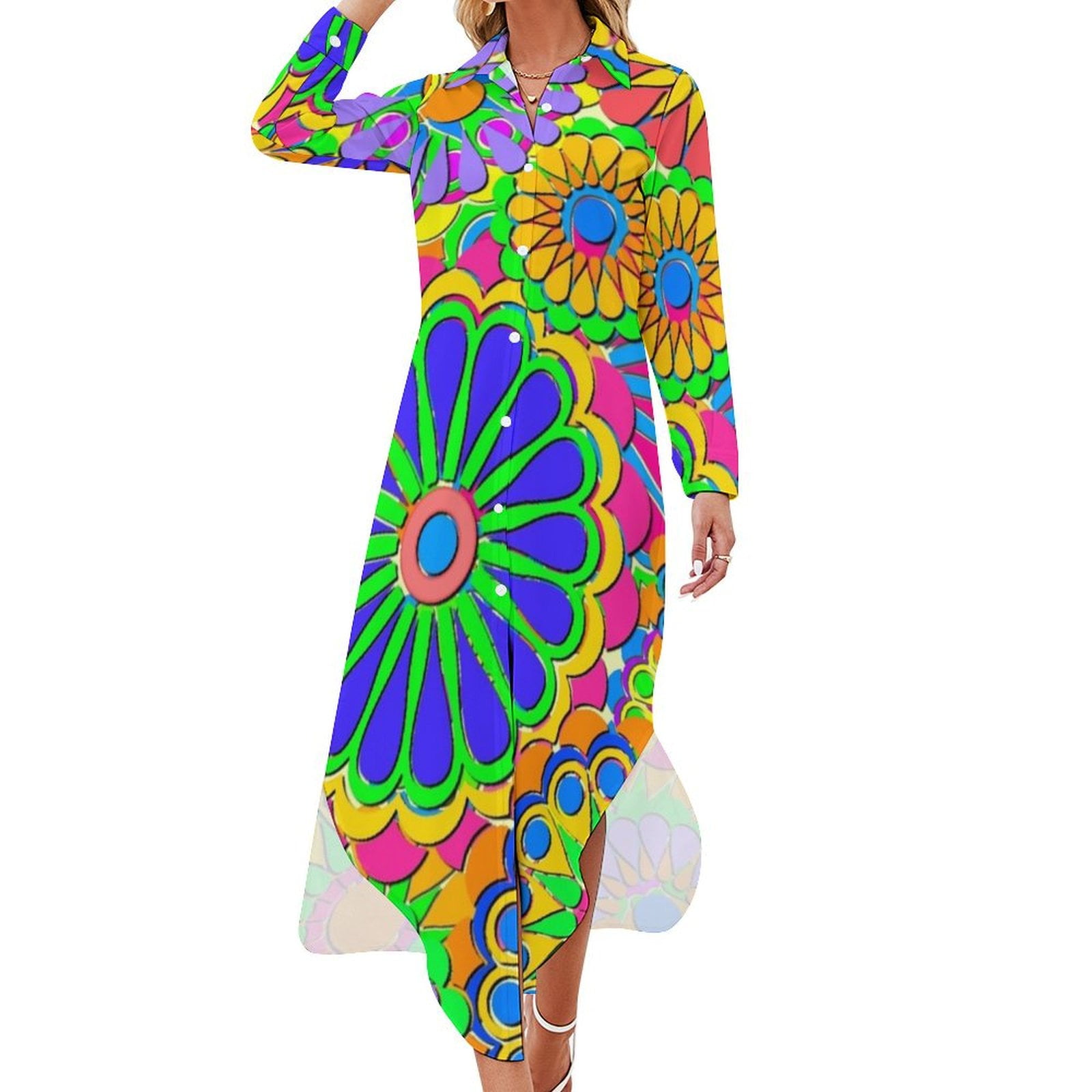 Bright Colorful Flower Power Hippy Retro Style Long Sleeved Shirt Dress ...