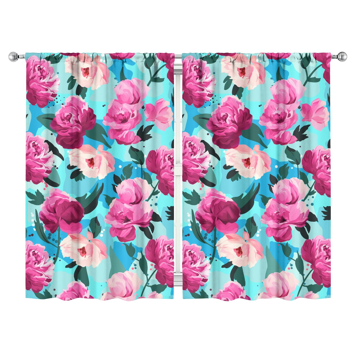 Bright Colorful Kitchen Curtains Set - Vibrant Garden Floral Print 2 ...