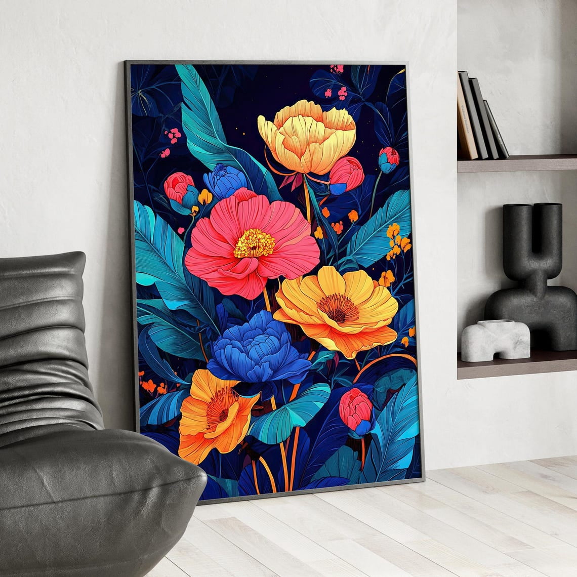 Bright Colorful Peony Flowers Poster Modern Botanical Blue Art Print ...