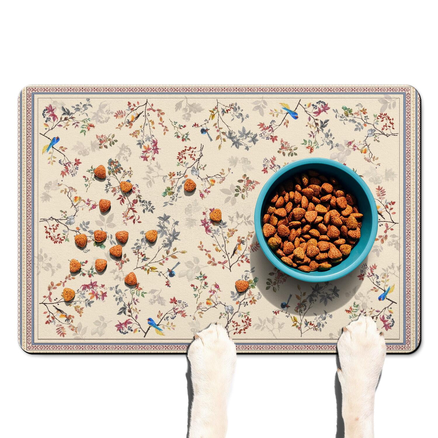 Bright Colorful Pet Bowl Mat - Romantic Floral, Waterproof Dog Food ...