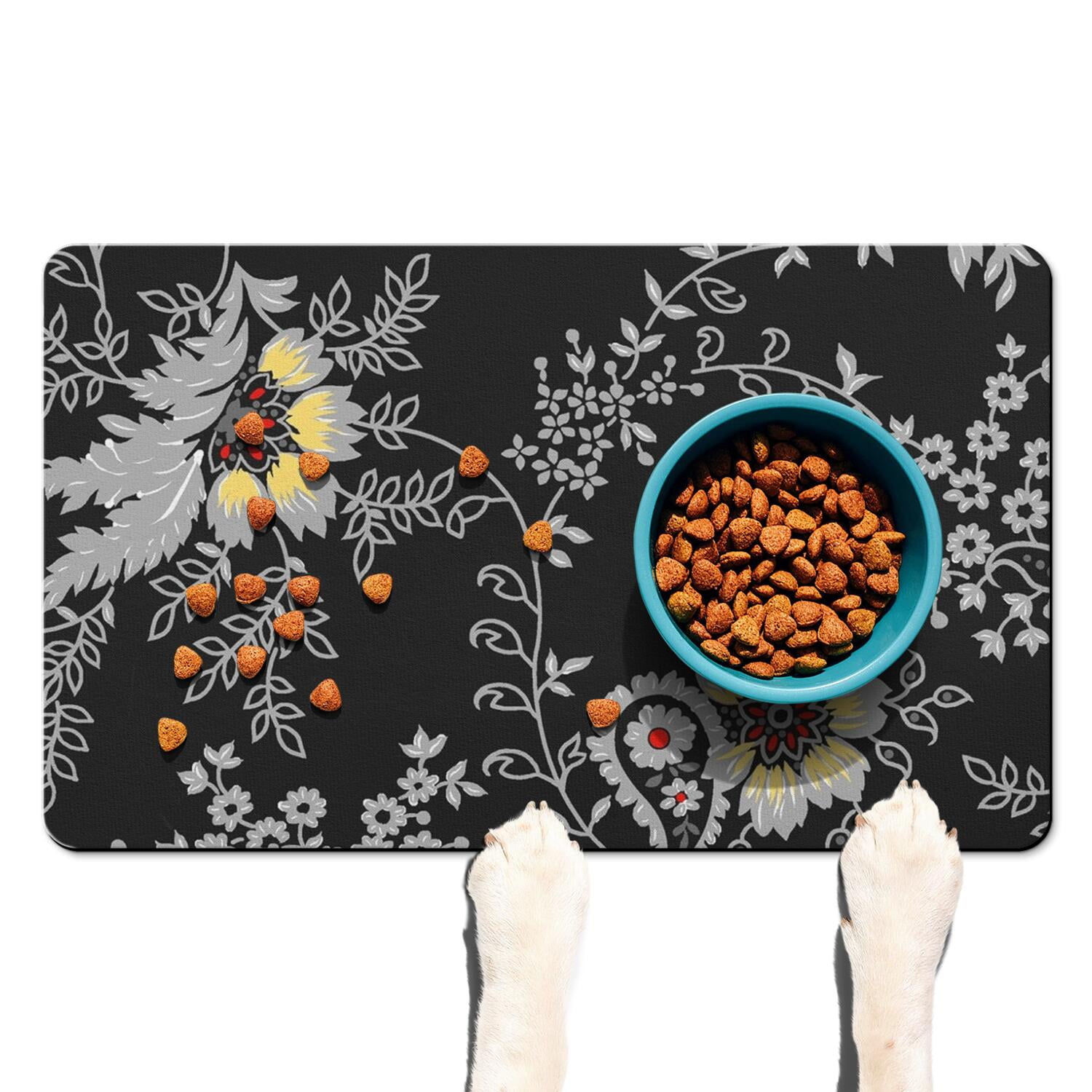 Bright Colorful Pet Food Mat - Romantic Floral Print, Waterproof Dog ...