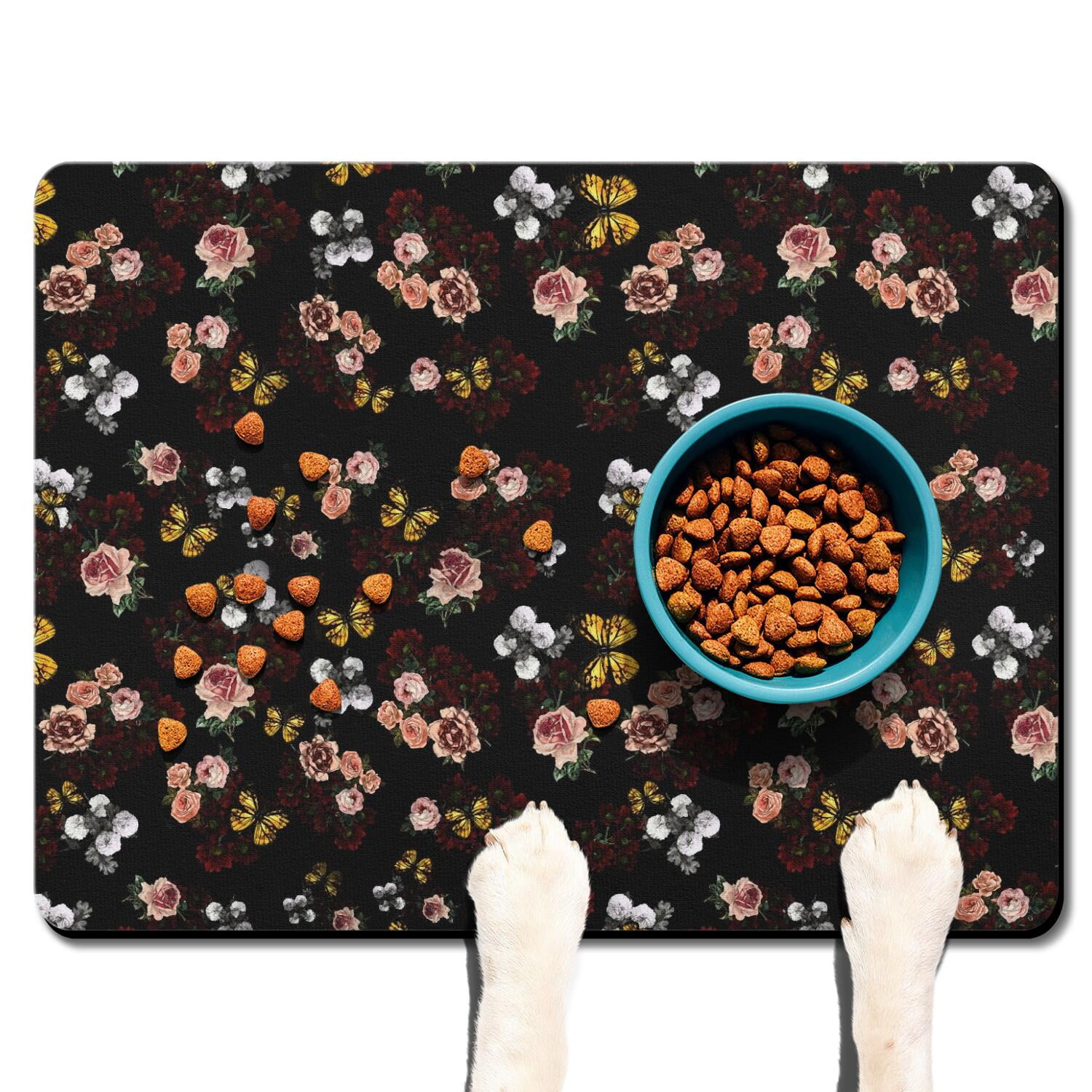 Bright Colorful Pet Food Mat - Romantic Floral, Waterproof Dog Bowl ...