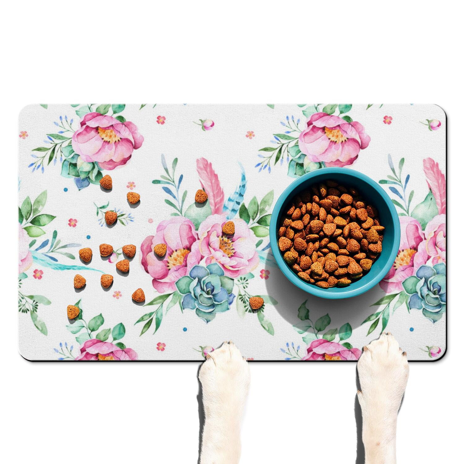 Bright Colorful Pet Food Mat - Romantic Floral, Waterproof Dog Bowl ...