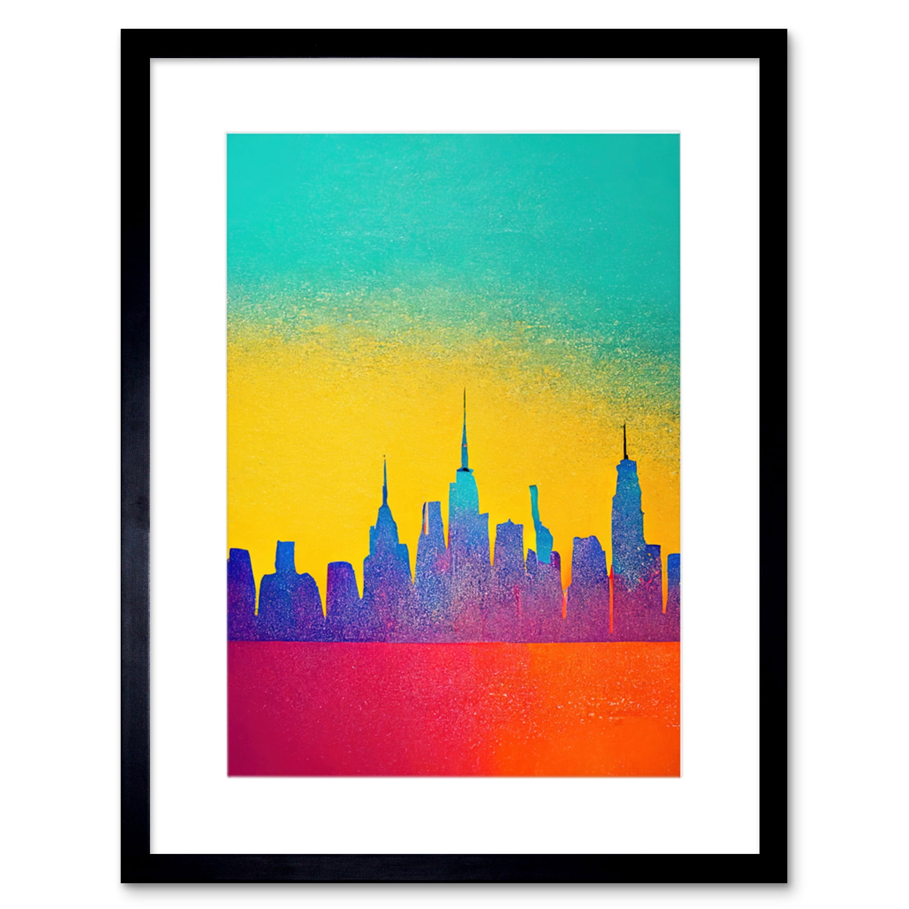 Bright Colourful Abstract New York Skyline Cityscape Yellow Blue Coral ...