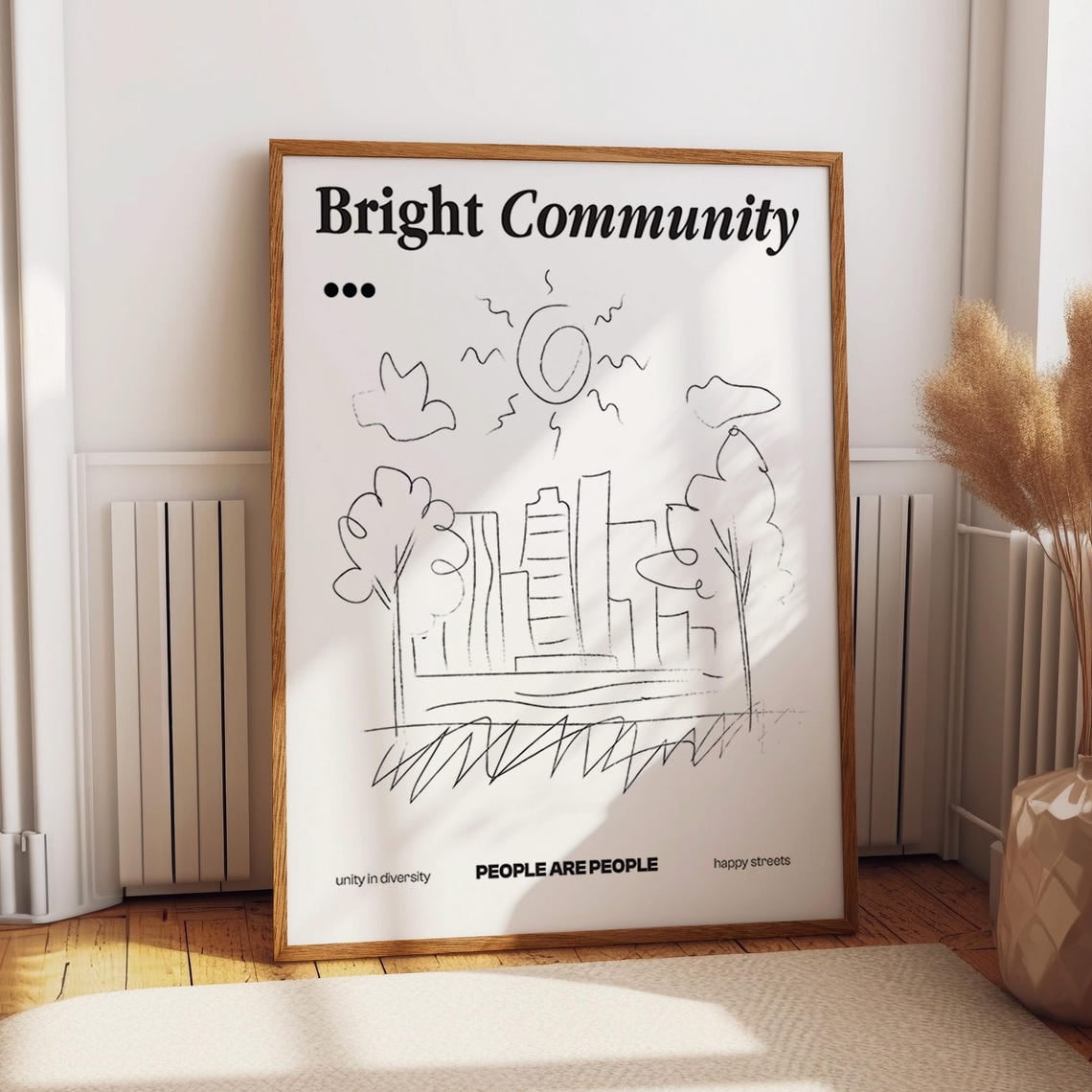 Bright Community Urban Line Drawing Poster – Minimal Cityscape Wall Art ...
