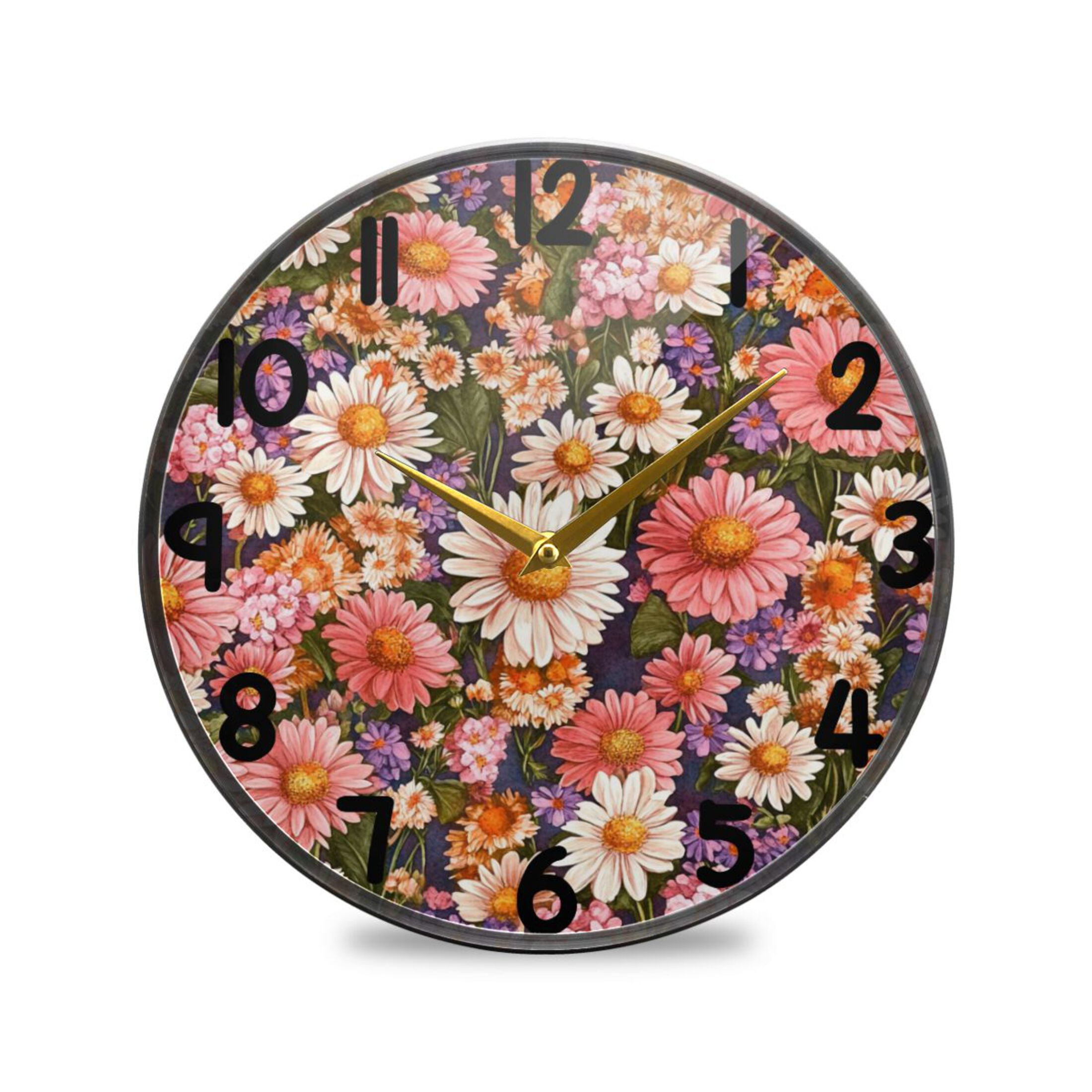 Bright Daisy Watercolor Round Acrylic Wall Clock Silent Battery ...