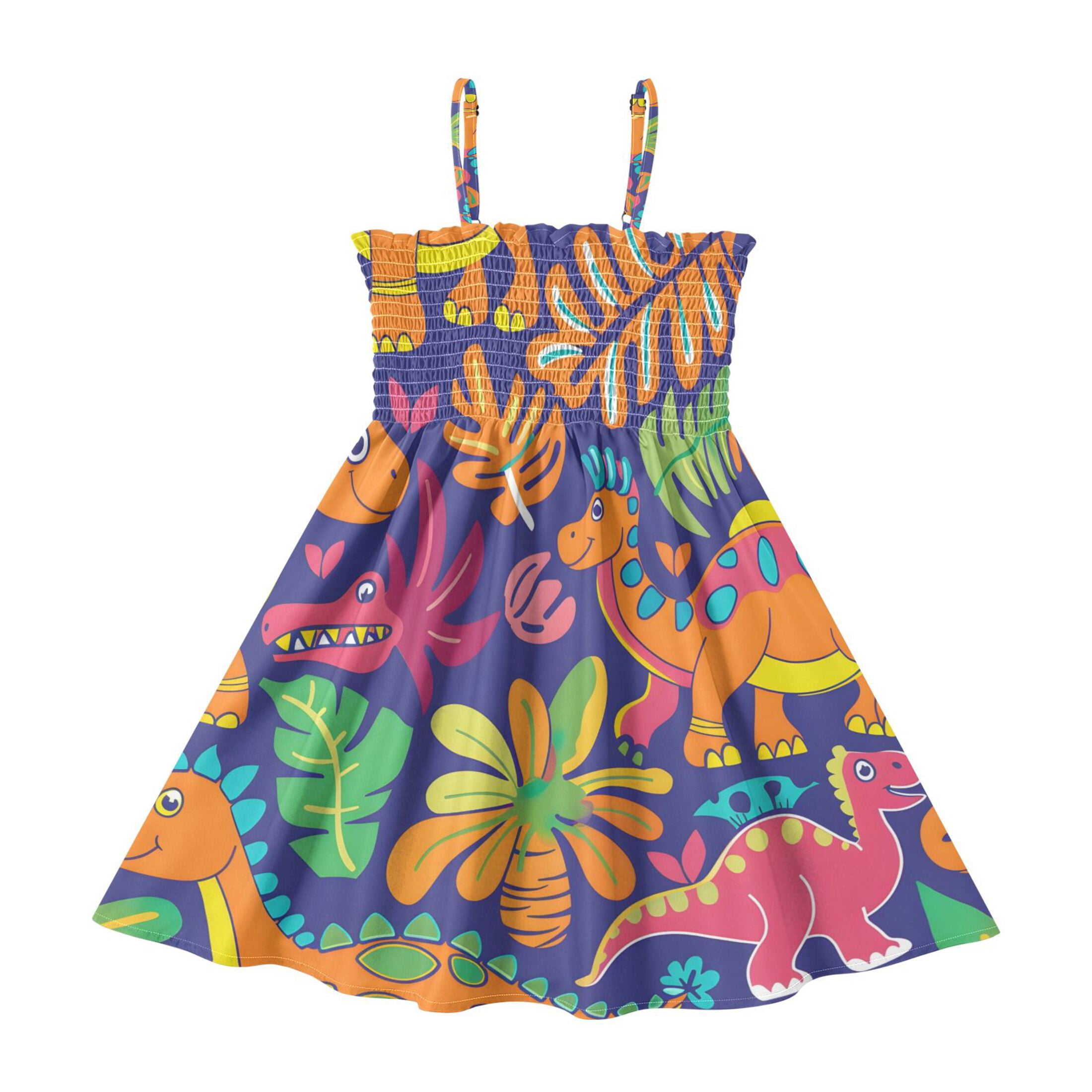 Bright Dinosaur Pattern Girls' Casual Dresses 2Y-8Y Sleeveless Ruffle ...