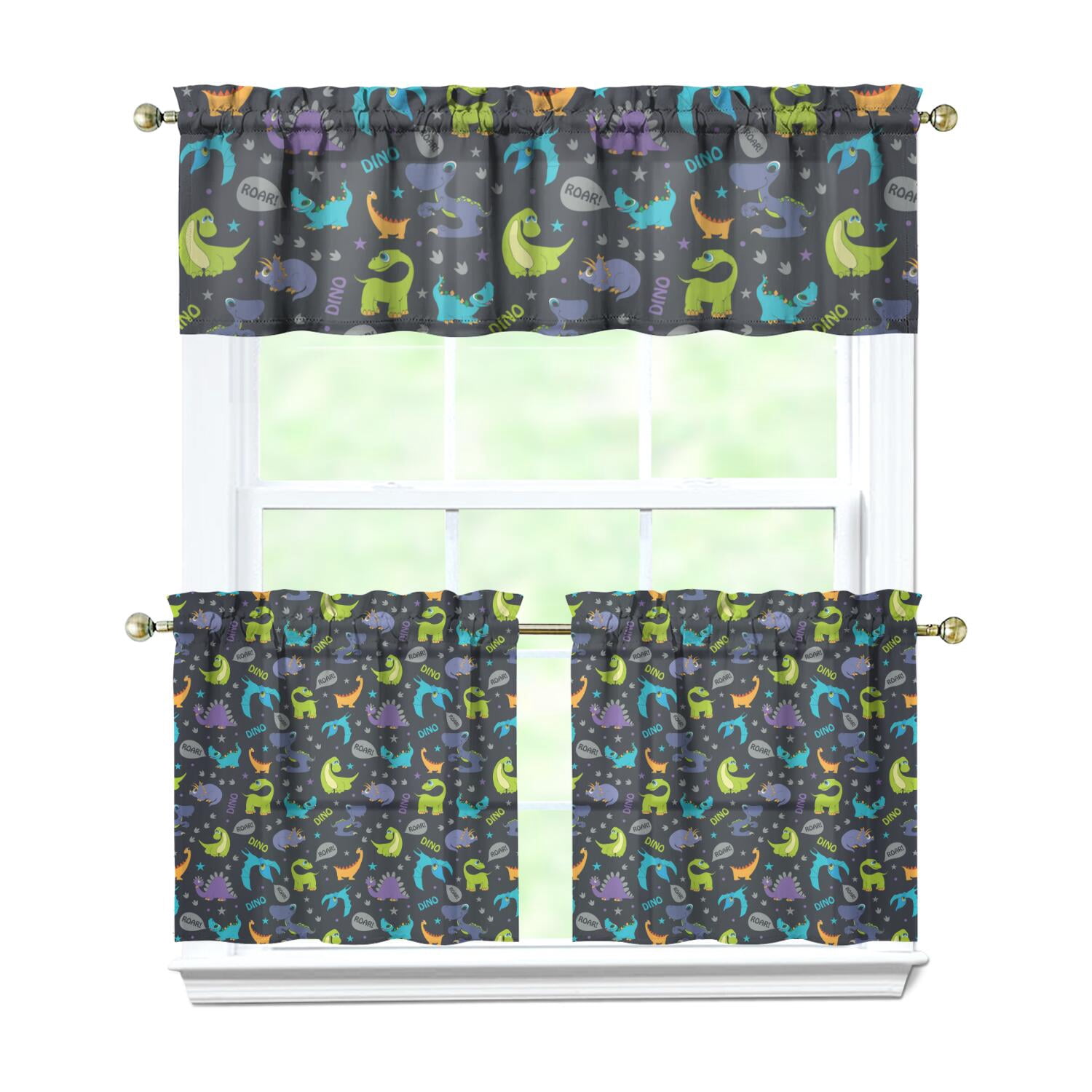 Bright Dinosaur Print Curtains - 3 Piece Set with Cartoon Dino & Stars ...
