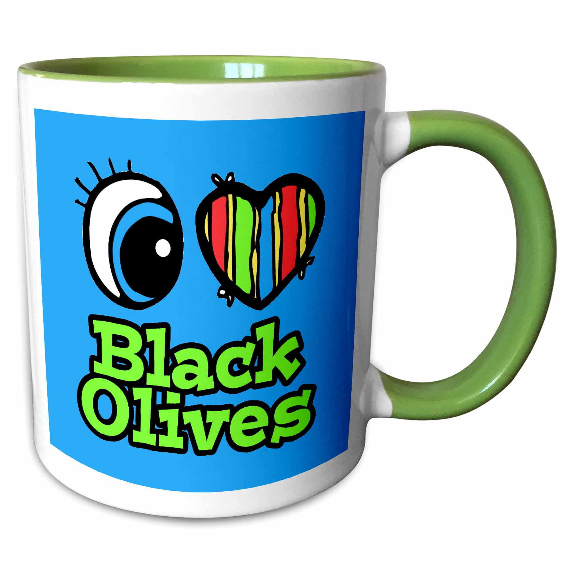 3drose, Bright Eye Heart I Love Black Olives, 15oz Two-tone Green Mug ...