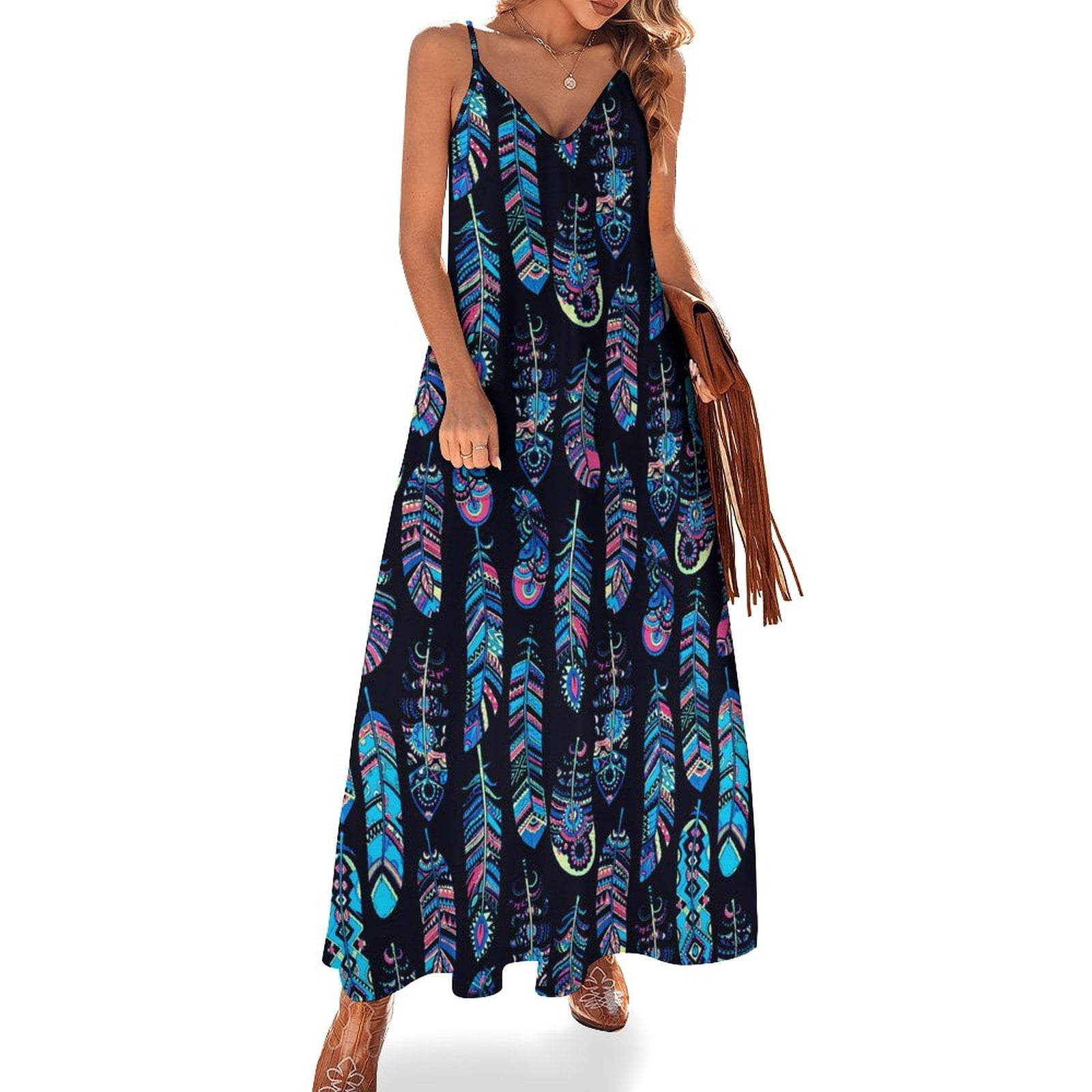Bright Feather Dress Colorful Print Elegant Maxi Dress V Neck Boho ...