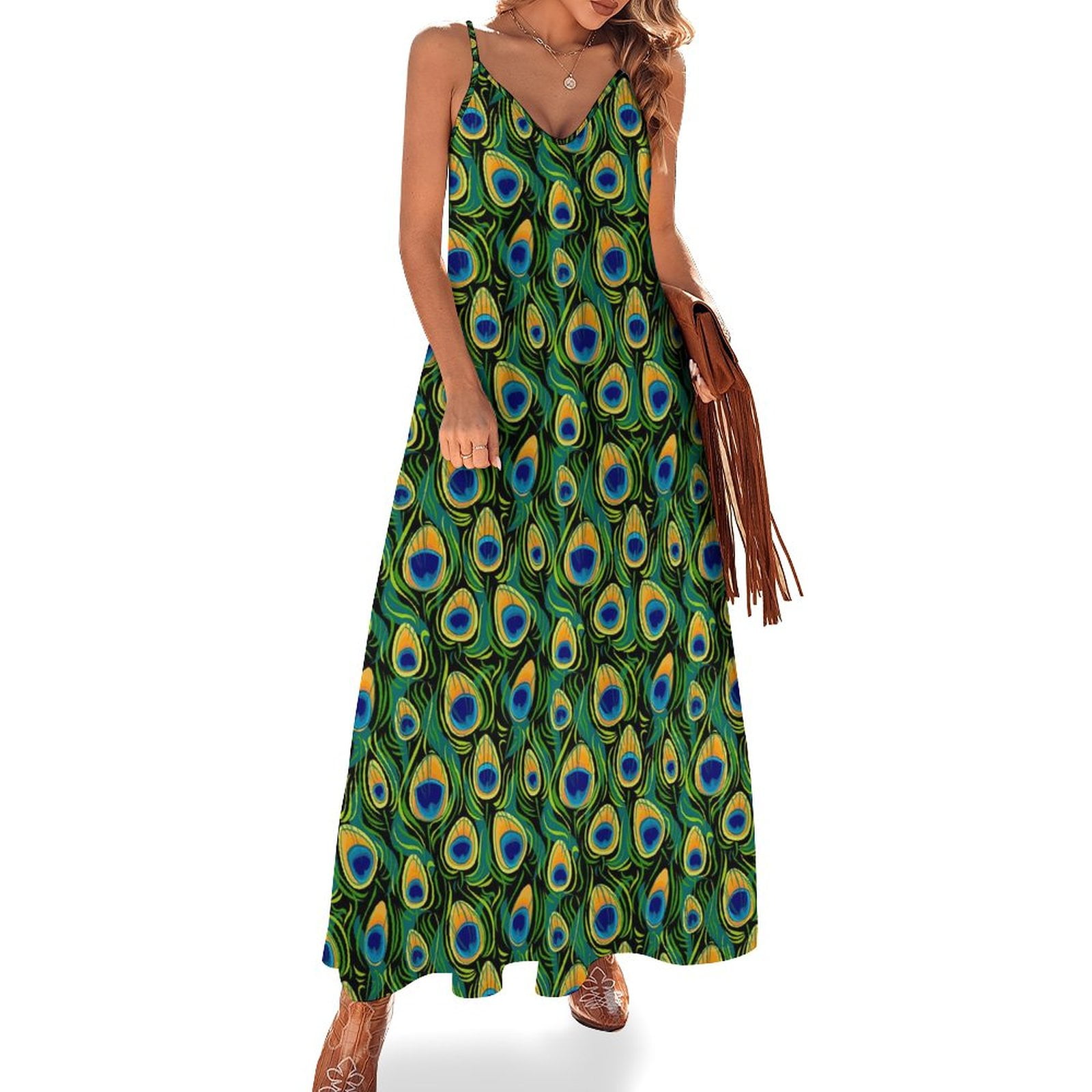 Bright Feather Dress Colorful Print Elegant Maxi Dress V Neck Boho ...