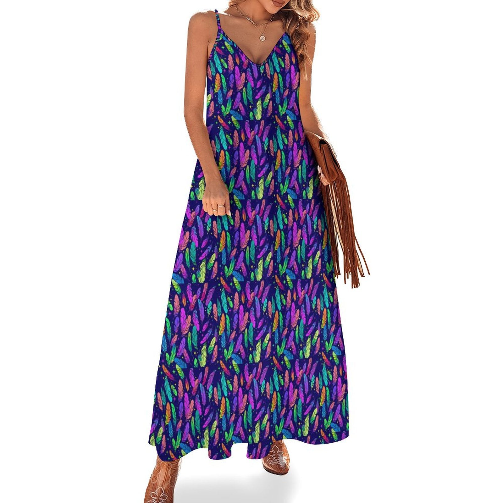 Bright Feather Dress Colorful Print Elegant Maxi Dress V Neck Boho ...