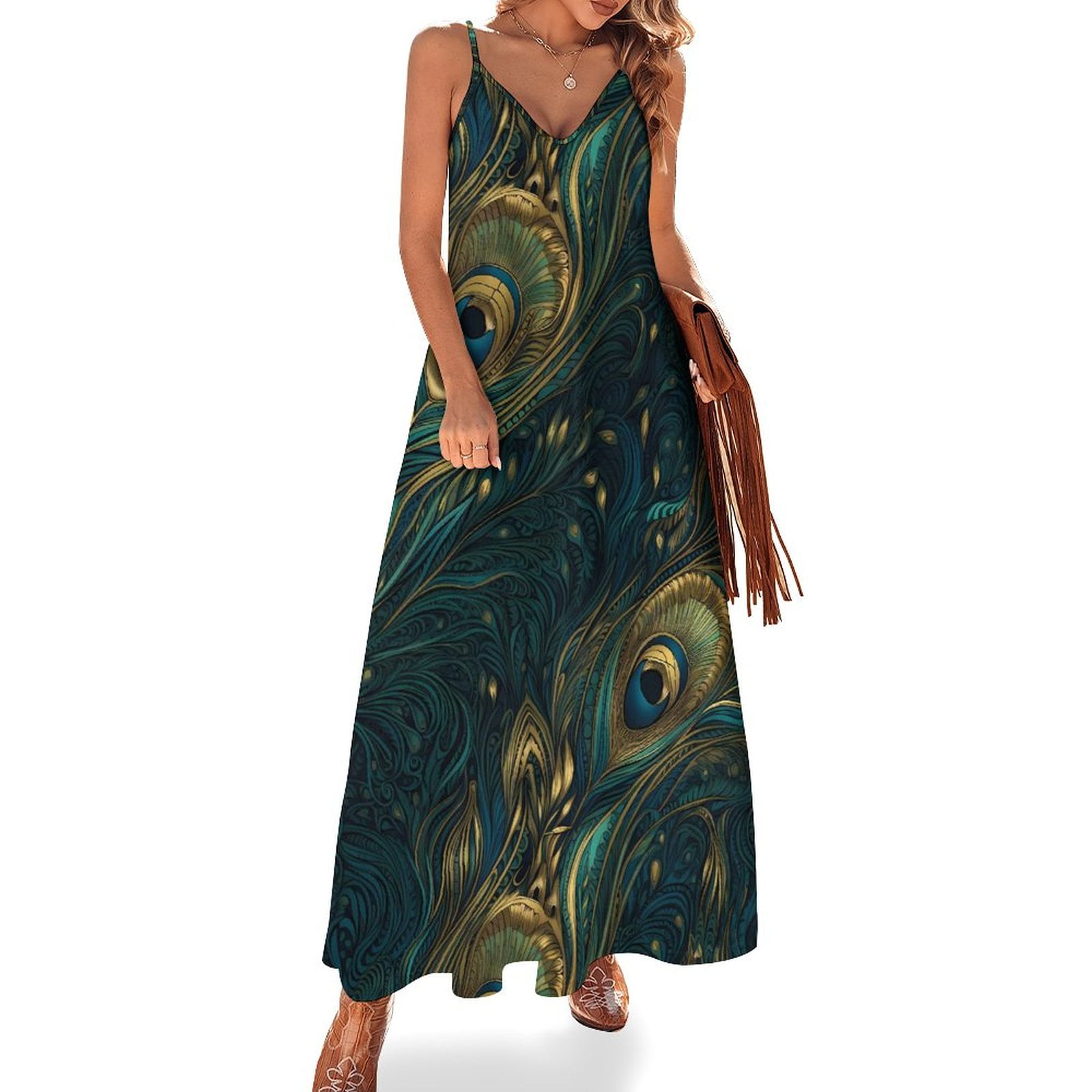 Bright Feather Dress Colorful Print Elegant Maxi Dress V Neck Boho ...
