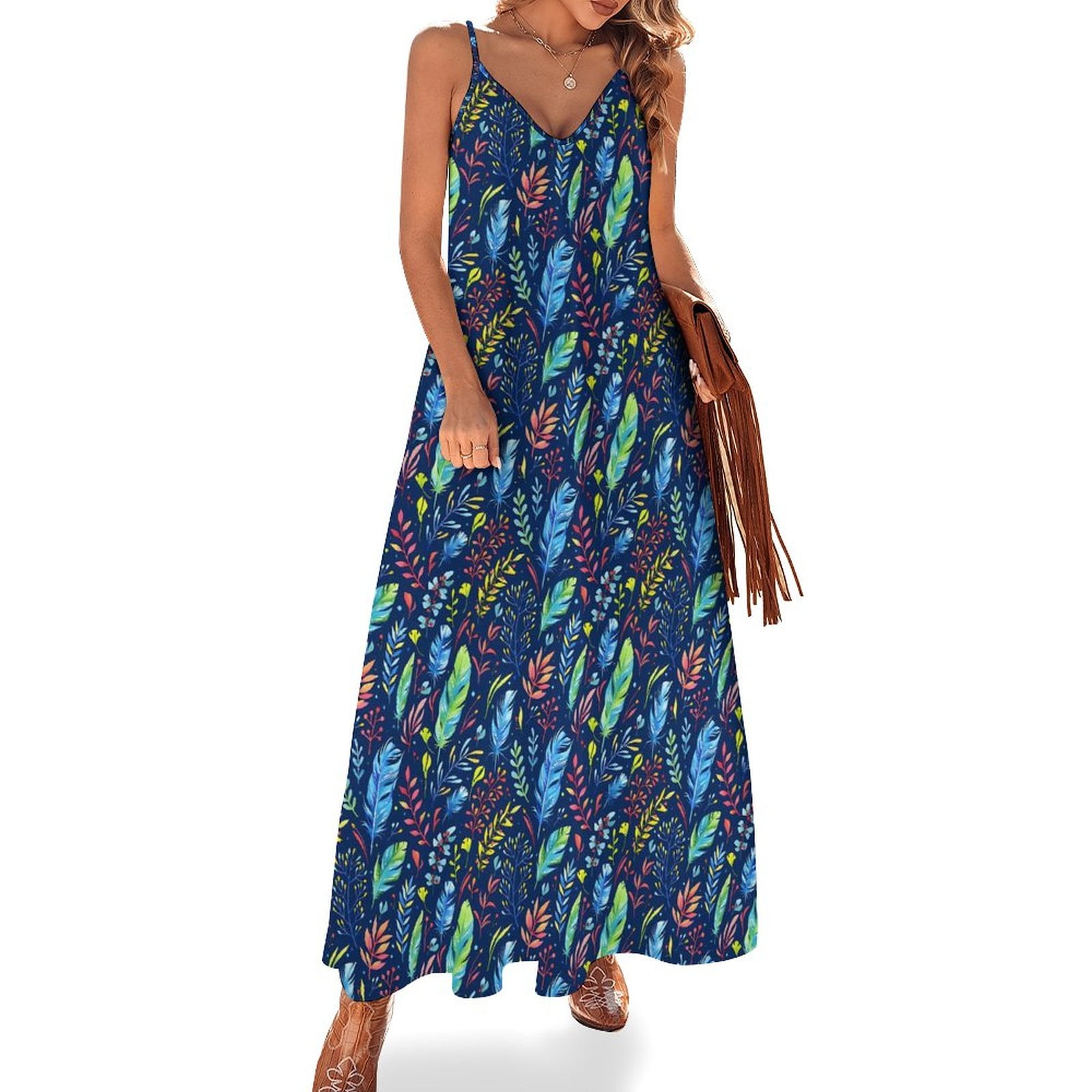 Bright Feather Dress Colorful Print Elegant Maxi Dress V Neck Boho ...