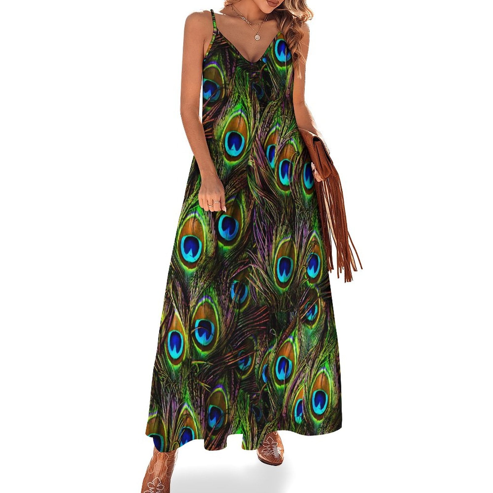 Bright Feather Dress Colorful Print Elegant Maxi Dress V Neck Boho ...