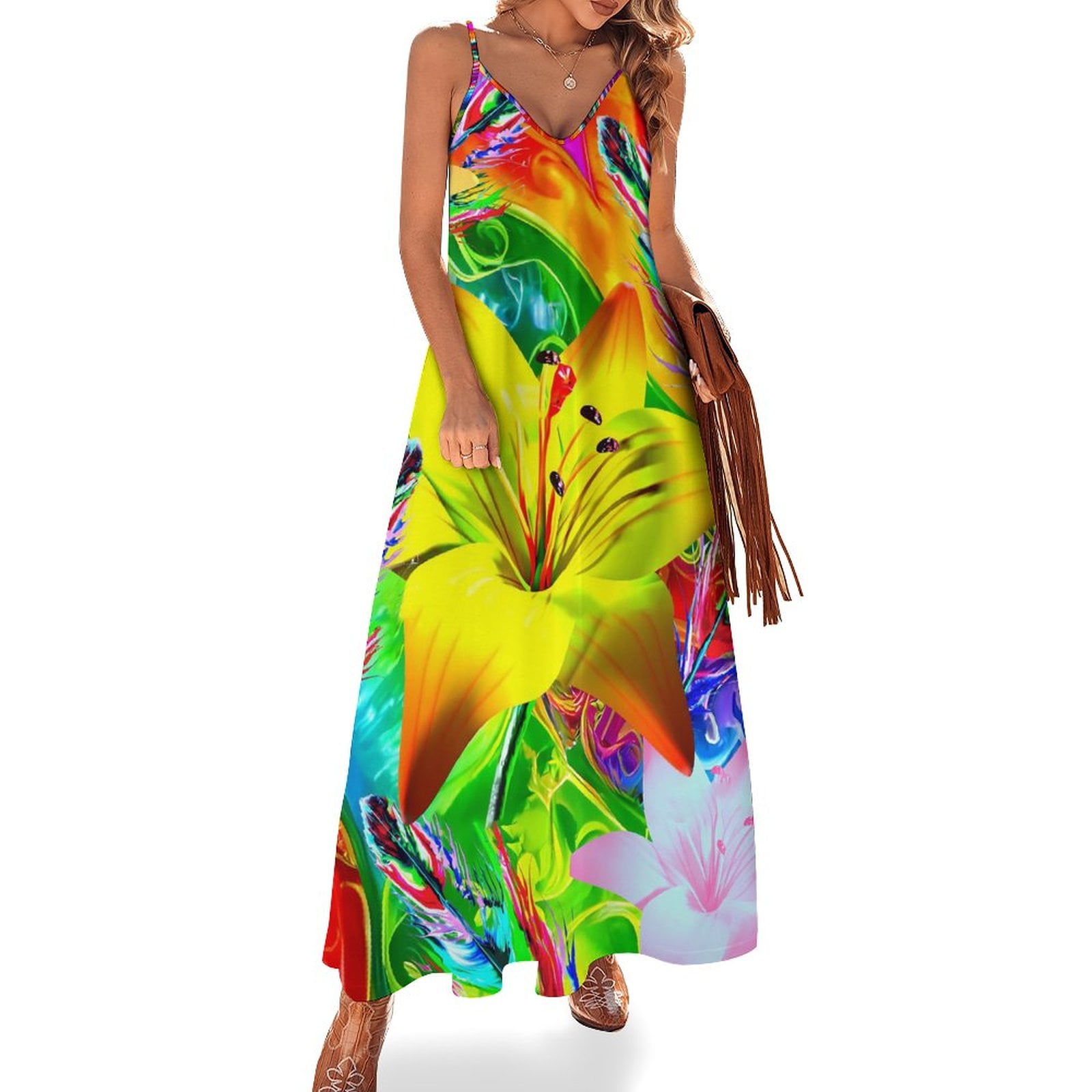 Bright Feather Dress Colorful Print Elegant Maxi Dress V Neck Boho ...