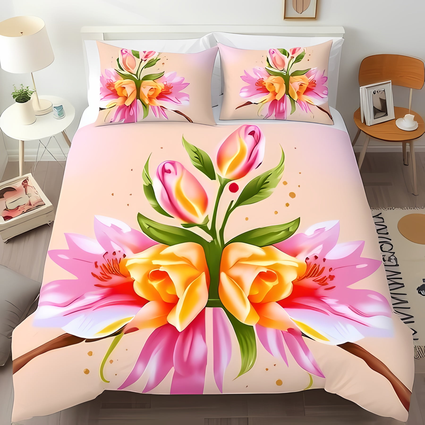 Bright Floral 3-Piece Duvet Cover and Pillowcase Set - Peach Pink ...