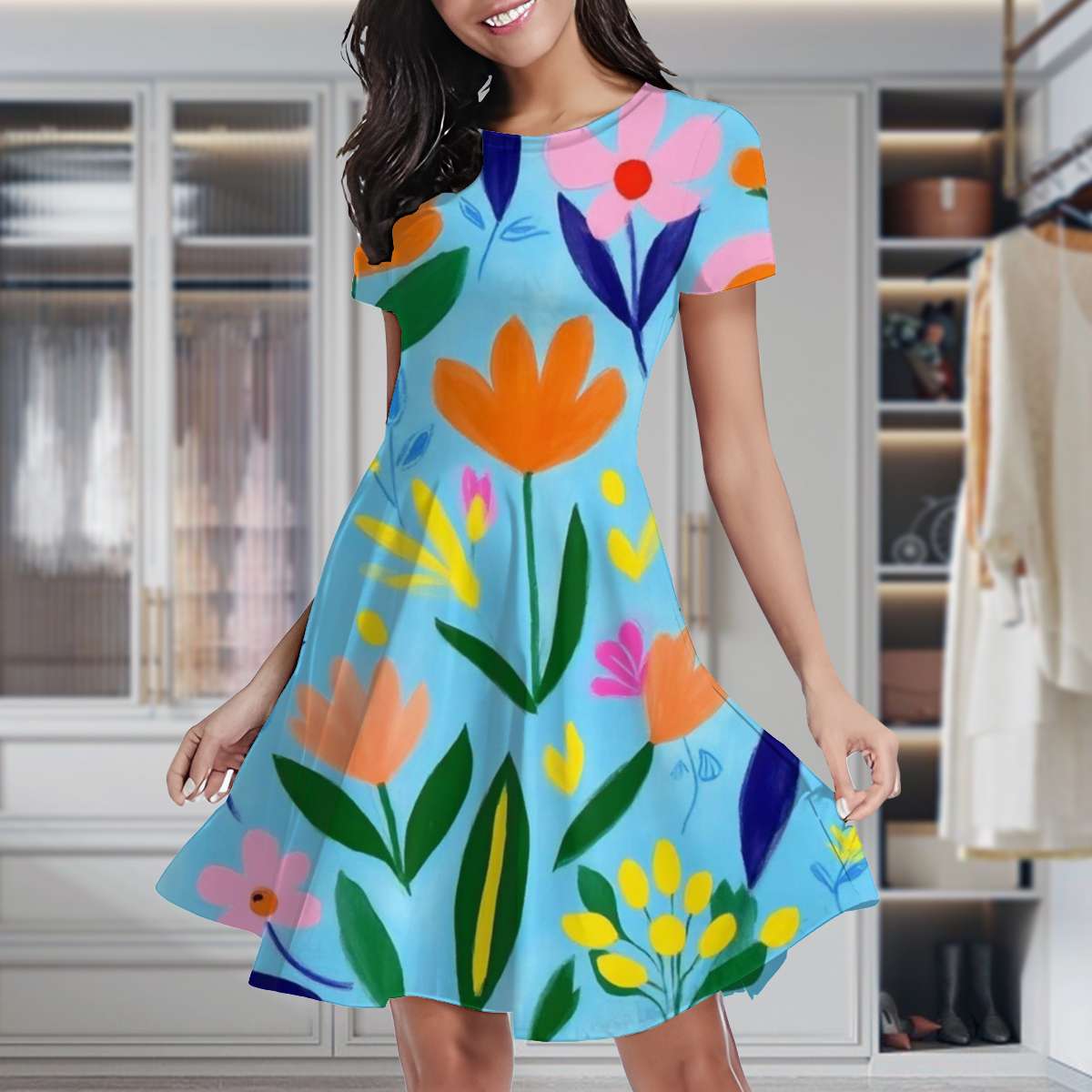 Bright Floral Blue Background Art Women's Classic Swing Skater Dress ...