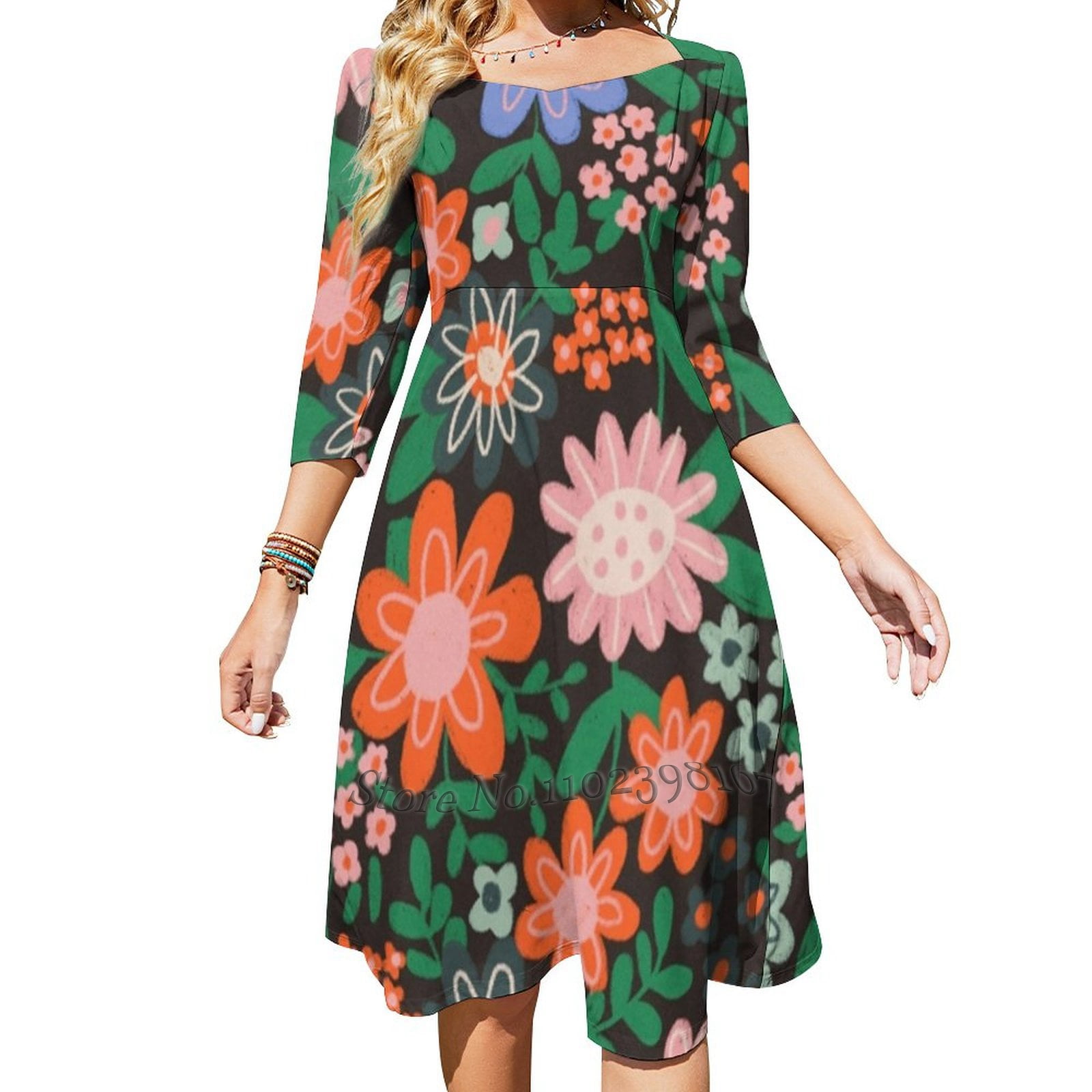 Bright Floral Evening Party Dresses Midi Sexy Dress Female Sweet One ...