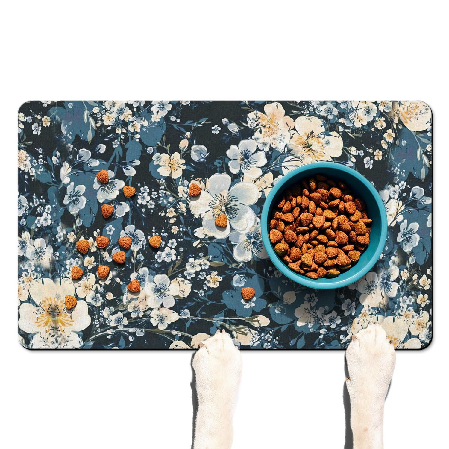 Bright Floral Pet Feeding Mat - Non-Slip Dog Food Mat with Tropical ...