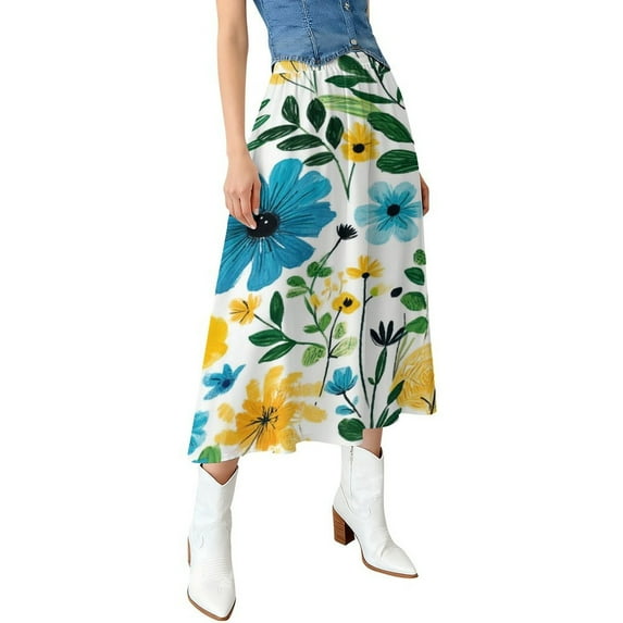Bright Floral Summer Pattern Design Women High Waist Midi Skirt Elegant ...