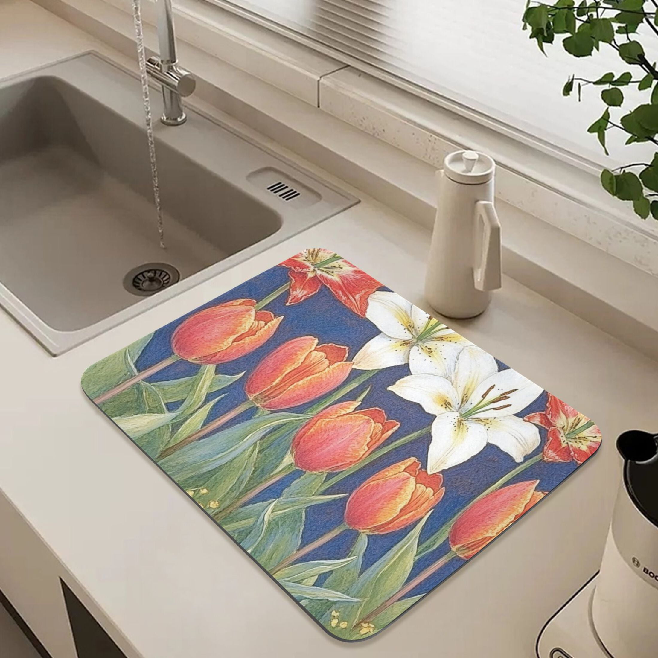 Bright Floral Tulip Dish Drying Mat for Kitchen Counter Absorbent ...