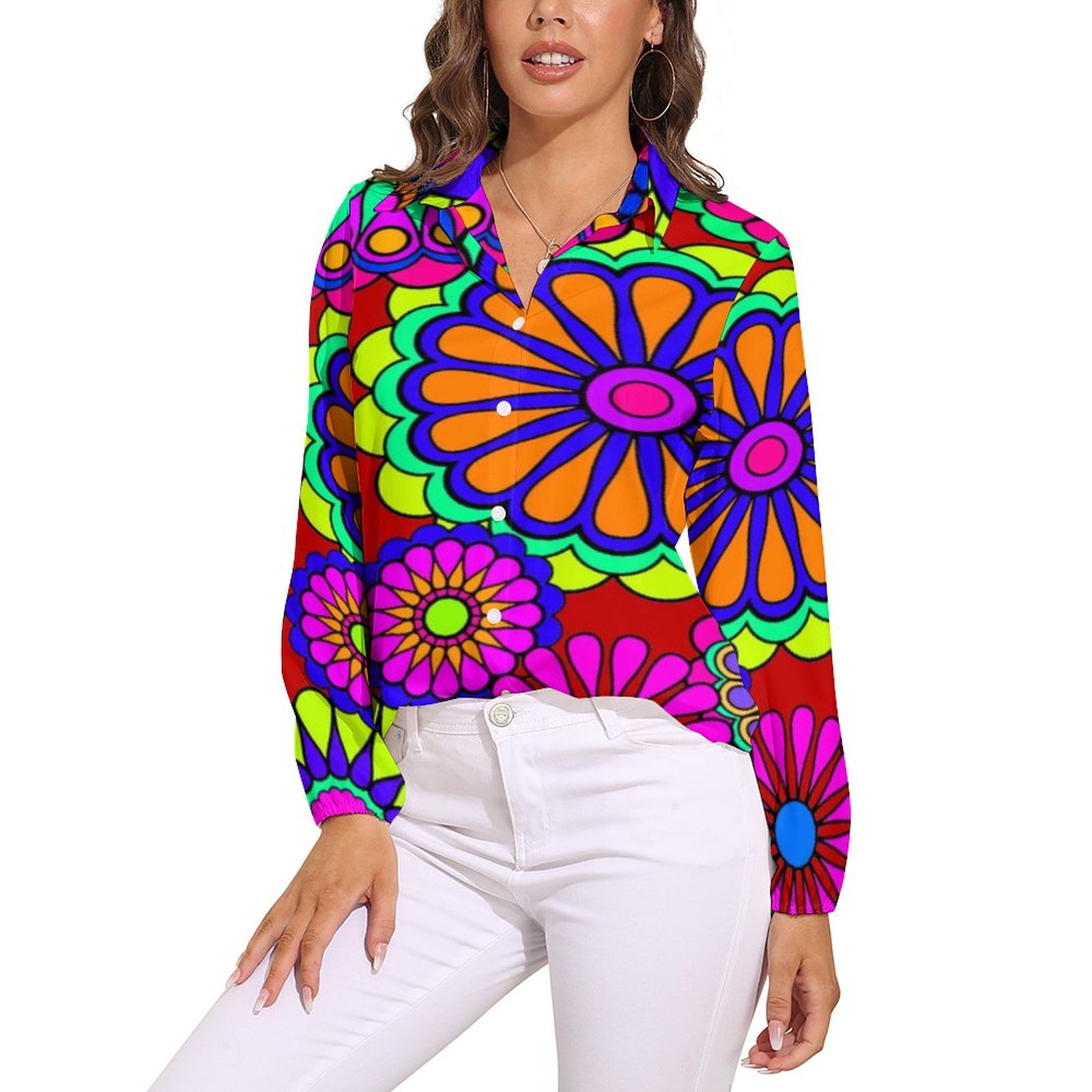 Bright Flower Power Blouse Retro Hippy Flowers Trendy Printed Blouses ...