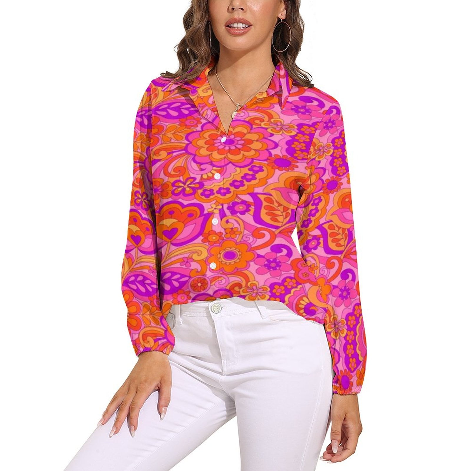 Bright Flower Power Blouse Retro Hippy Flowers Trendy Printed Blouses ...