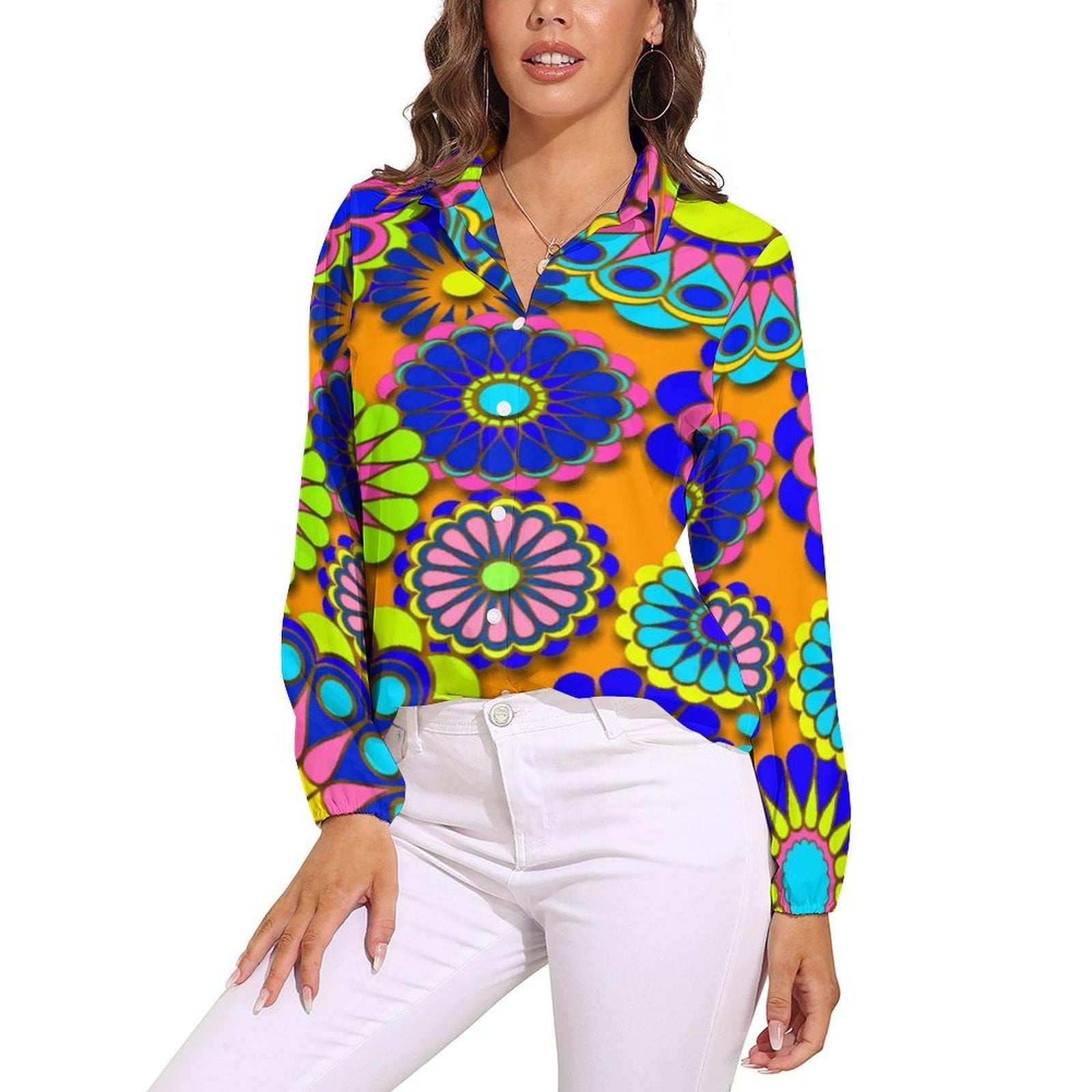 Bright Flower Power Blouse Retro Hippy Flowers Trendy Printed Blouses ...