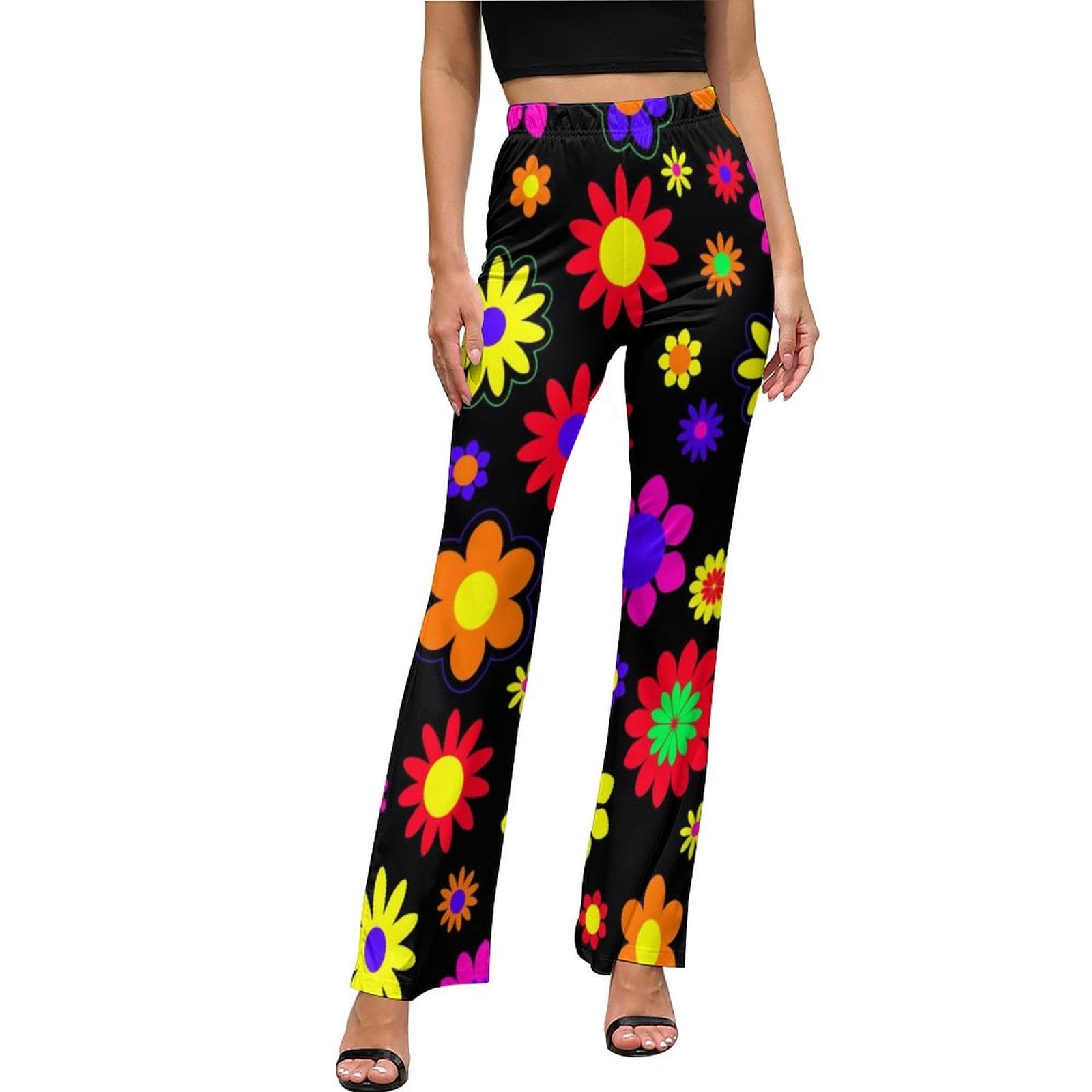 Bright Flower Power Pants Retro Hippy Flowers High Waist Modern Flare ...