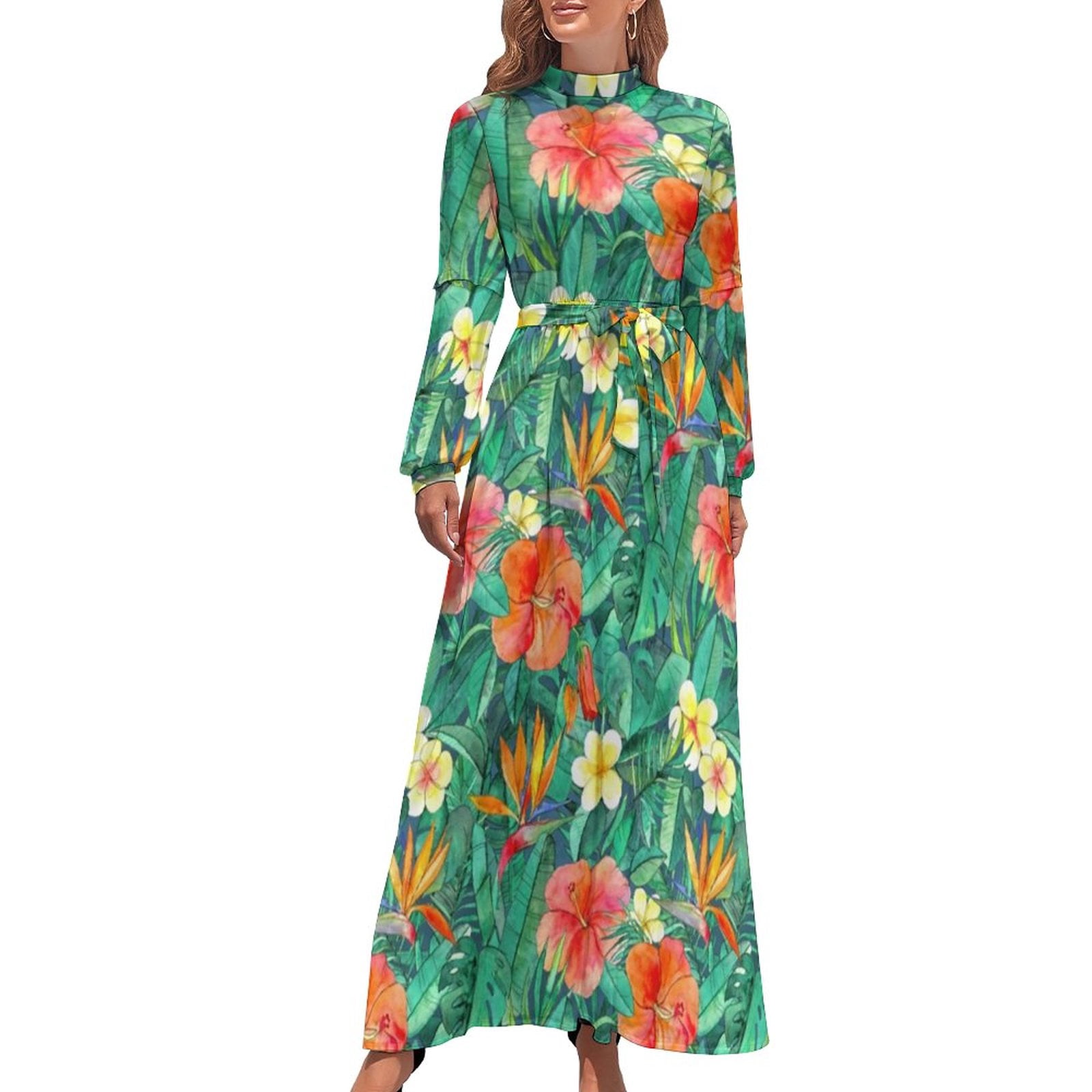 Bright Flowers Dress High Neck Tropical Hawaiian Floral Graphic Boho ...