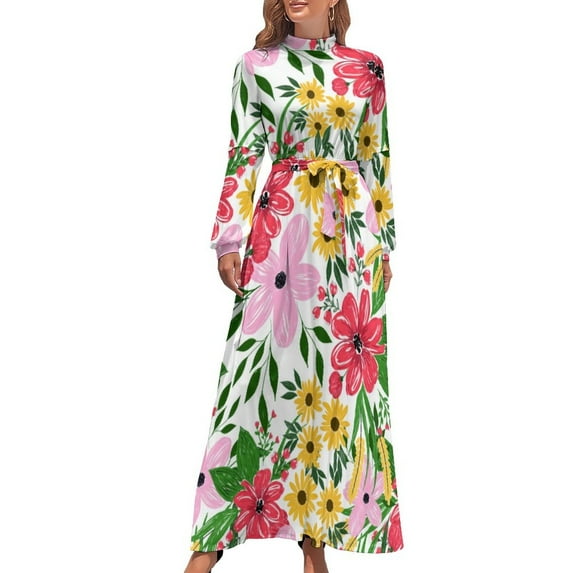 Bright Flowers Dress High Neck Tropical Hawaiian Floral Graphic Boho ...