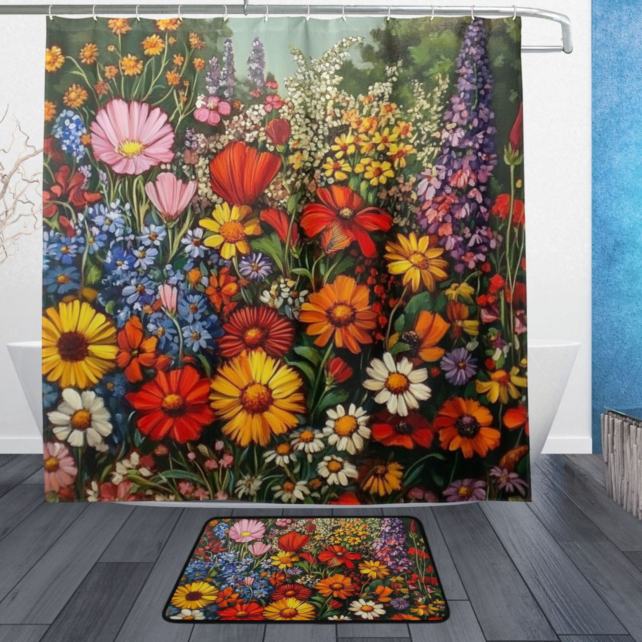 Bright Flowers Everywhere 2 Pcs Bathroom Shower Curtain Set with Bath ...