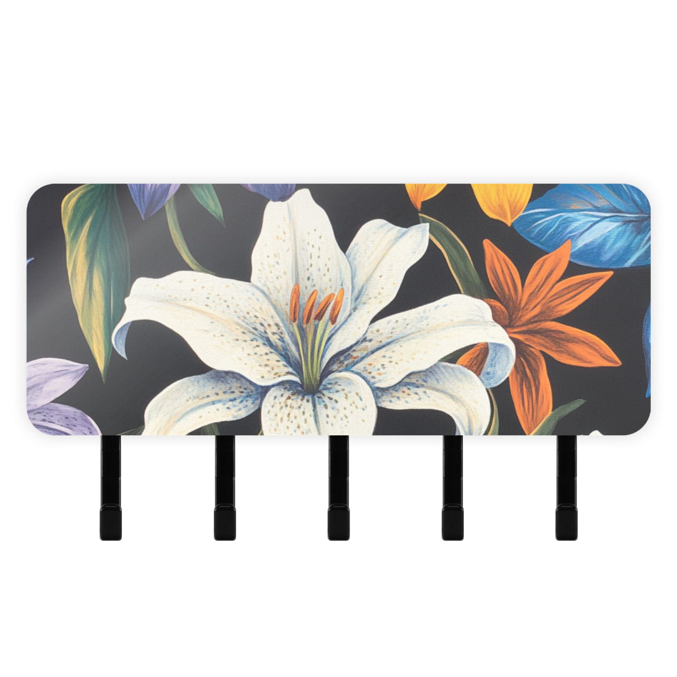Bright Flowers on Black Background Key Holder Wall Mount Small Metal ...