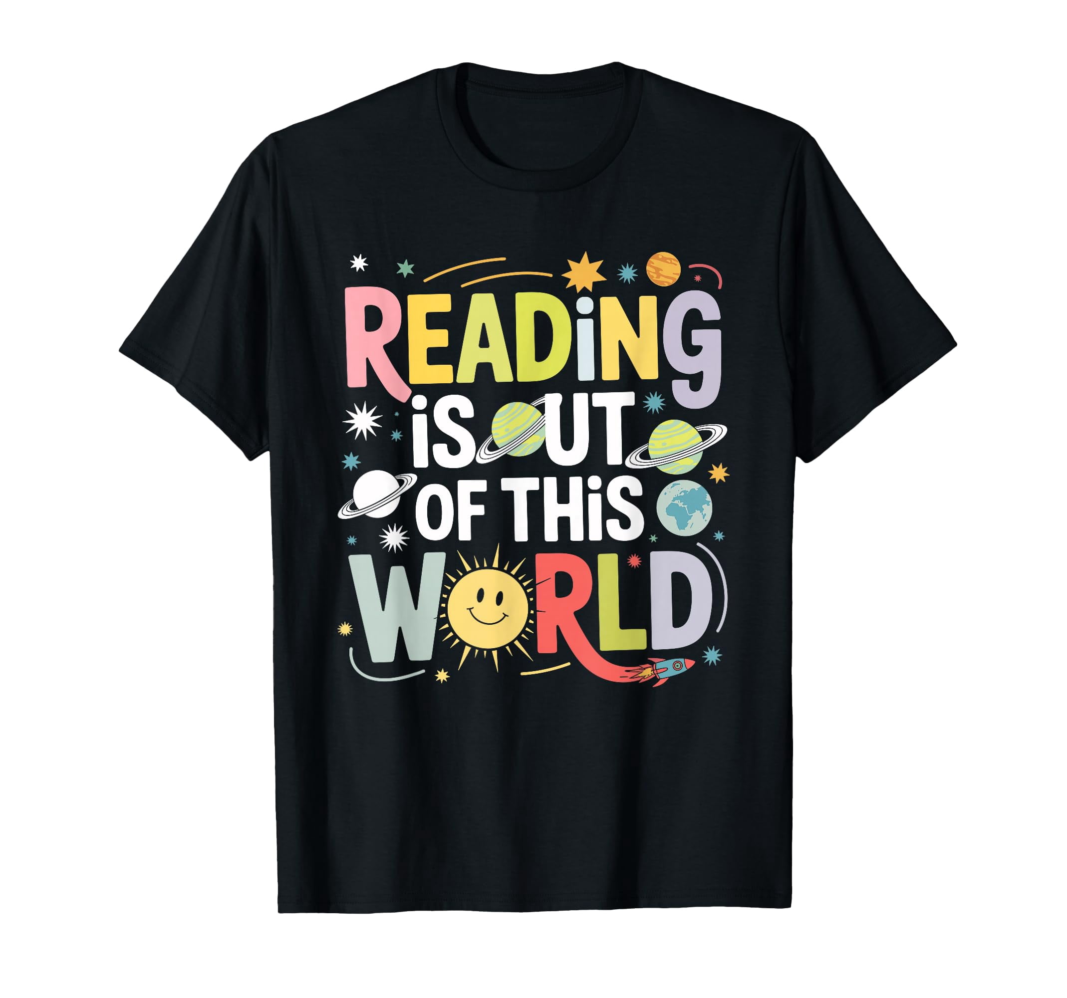 Bright Fun Space Design T-Shirt Promoting Reading with Colorful Planets ...