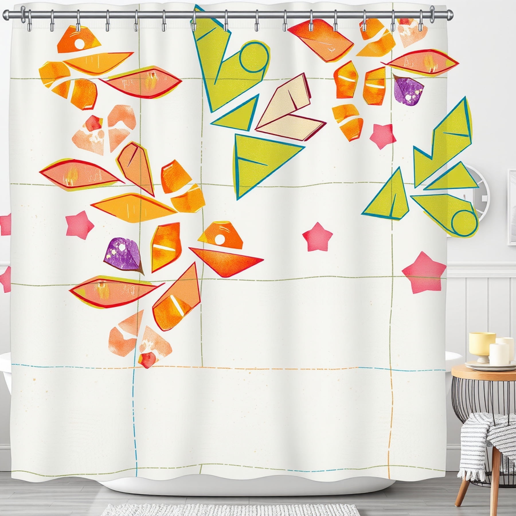 Bright Geometric Pattern Shower Curtain - Whimsical Summer Design for ...