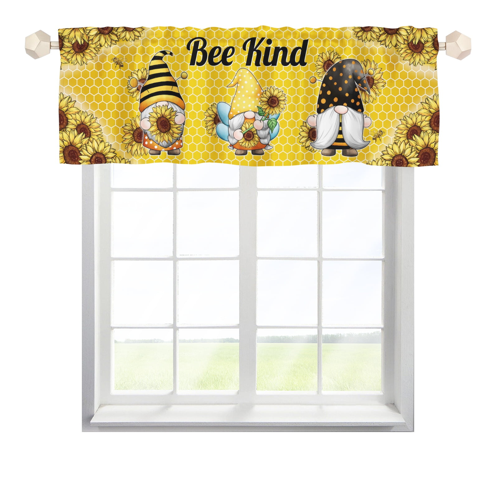 Bright Gnomes Sunflowers Bees Kitchen Valance 54''x18'' Bee Gnomes Kind ...