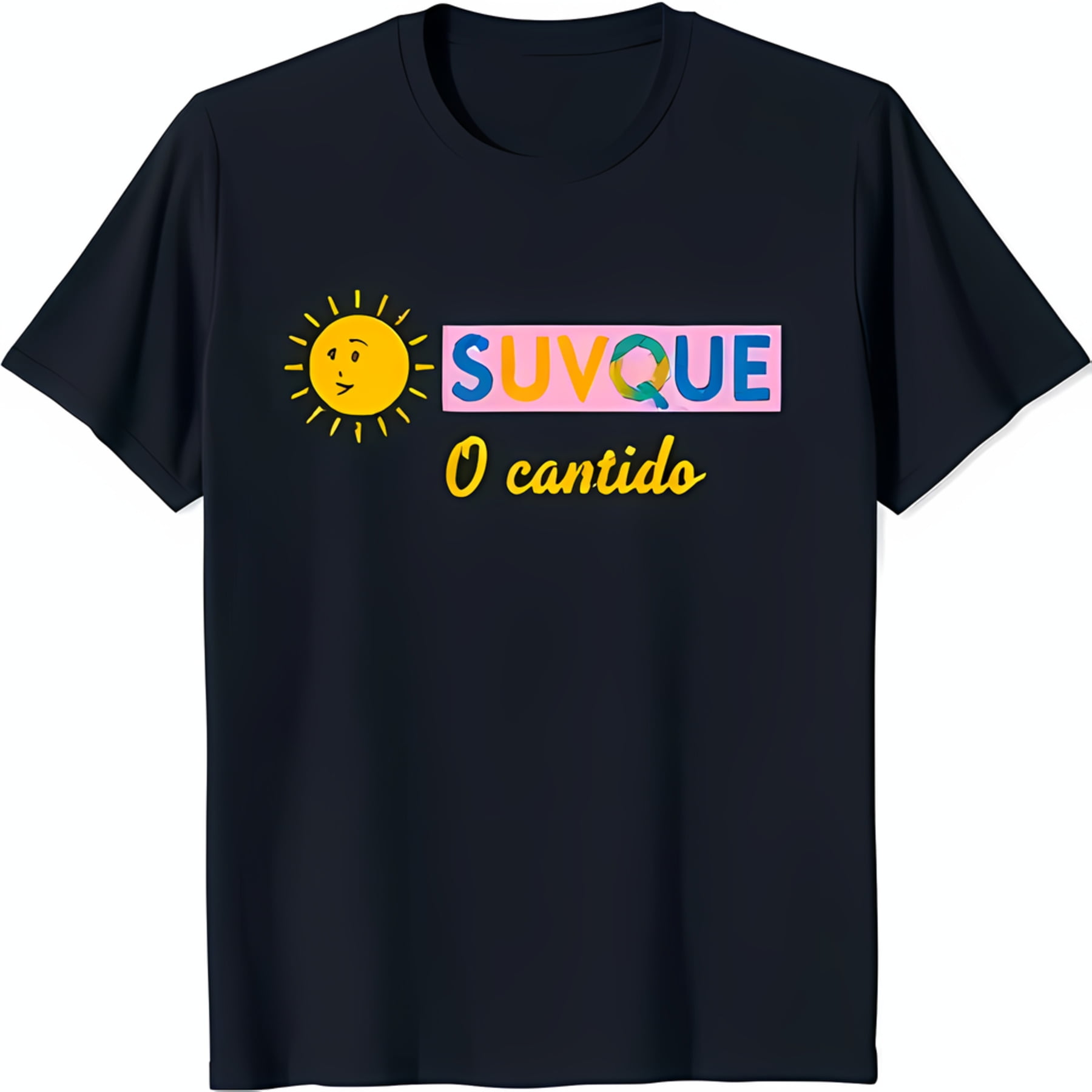 Bright Graphic Black T-Shirt with Smiling Sun & Rainbow Text Design ...