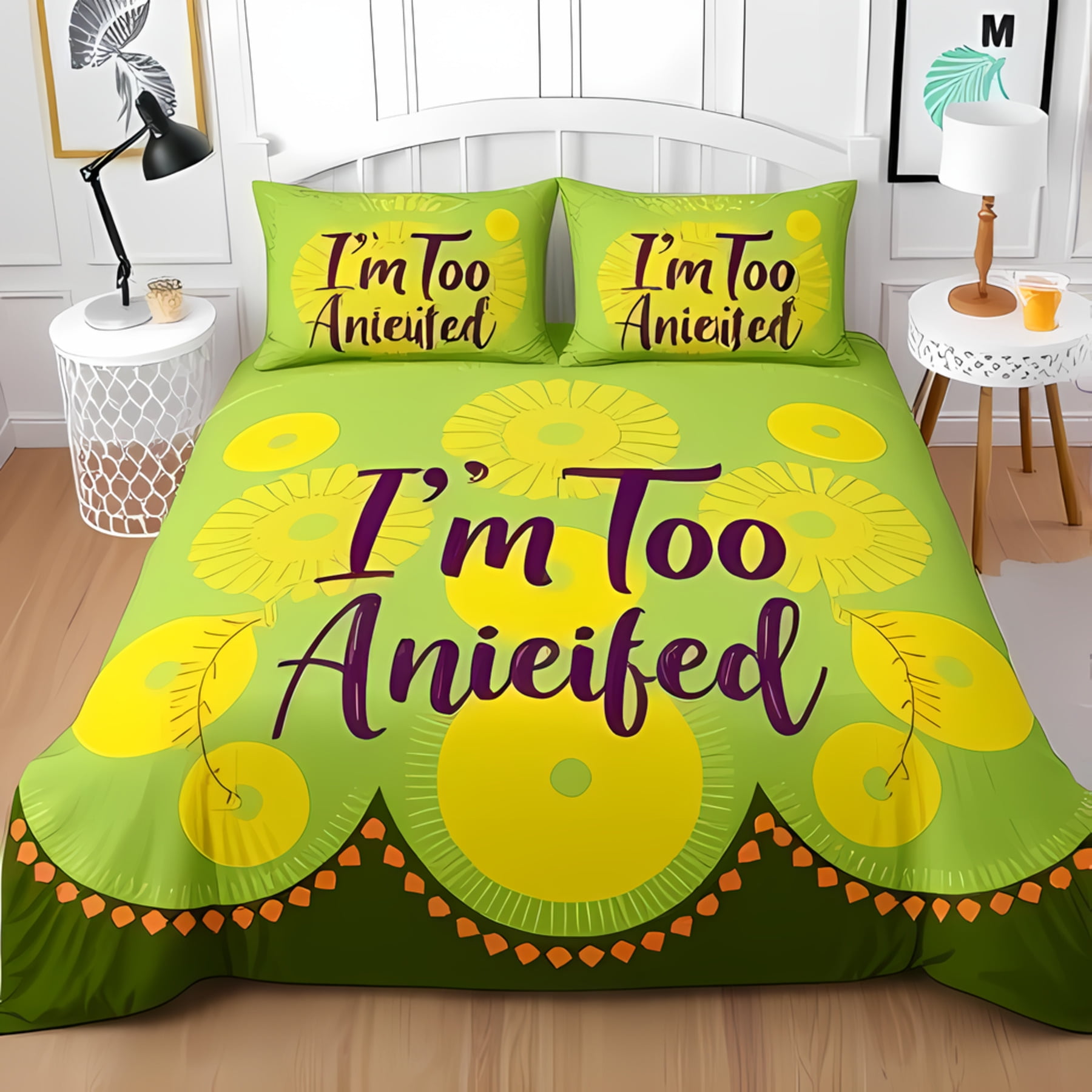 Bright Green 3-Piece Duvet Cover Set with Floral Motifs & "I'm Too ...