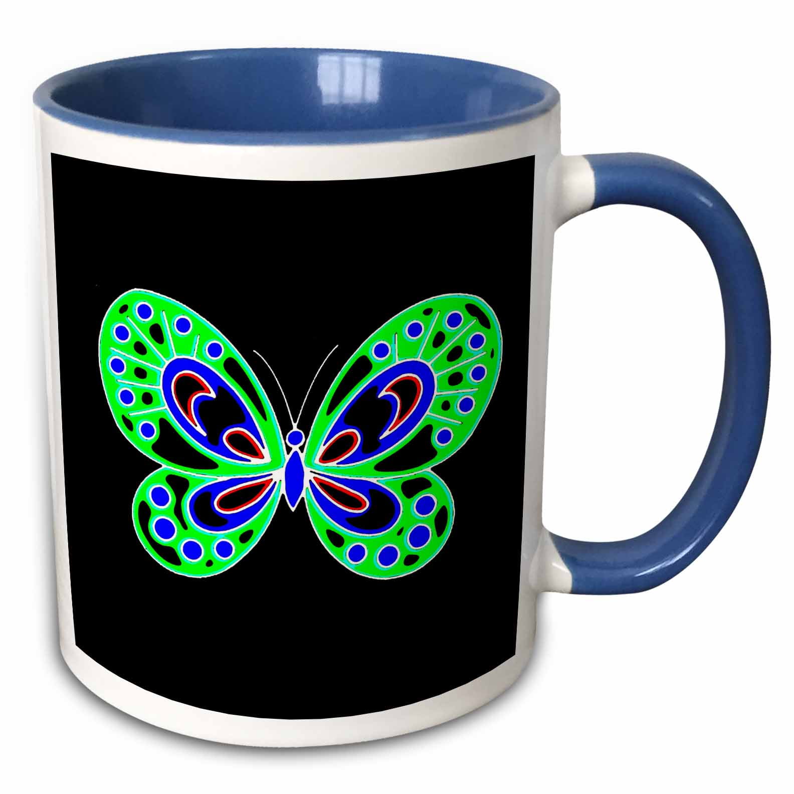 3drose, Bright Green and Blue Butterfly, 11oz Two-tone Blue Mug ...