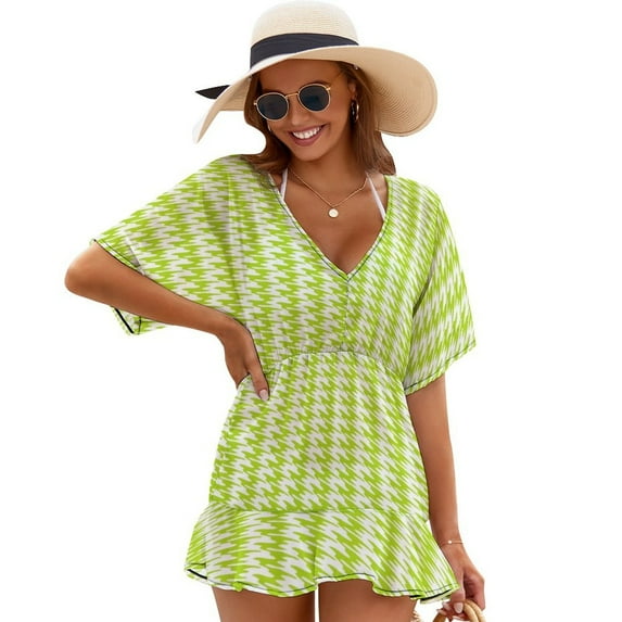 Bright Green And White Ripple Beach Cover Ups Women V Neck Short Sleeve ...