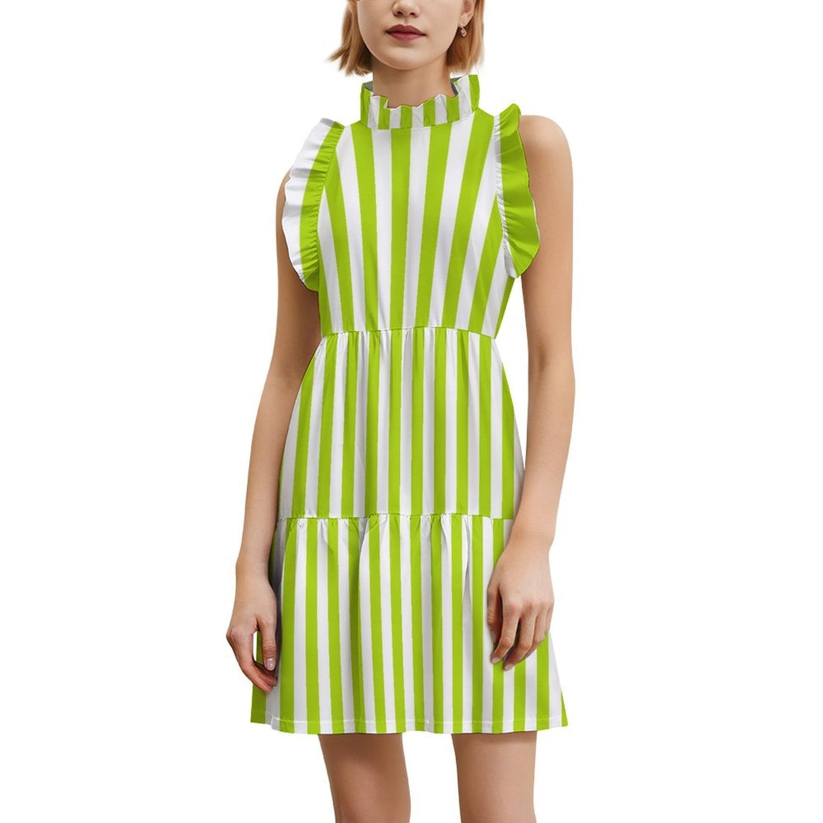 Bright Green And White Vertical Women's Fashion Casual Dress Summer ...