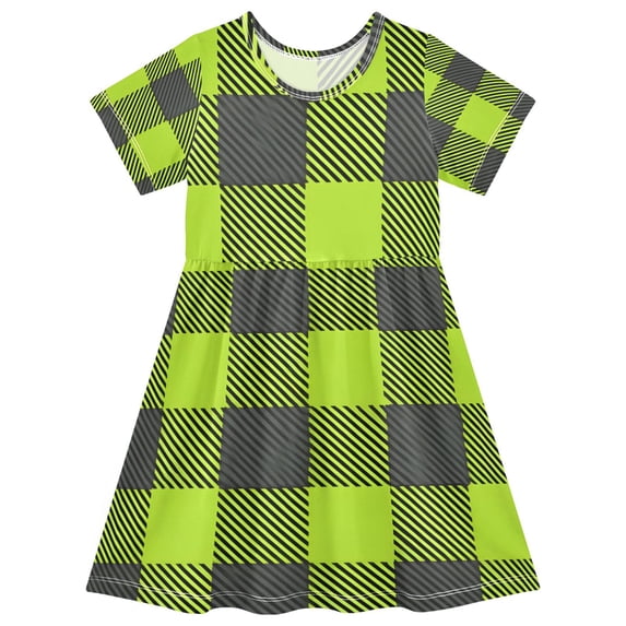 Bright Green Grid Pattern Girls Short Sleeve Dress A Line Sun ...