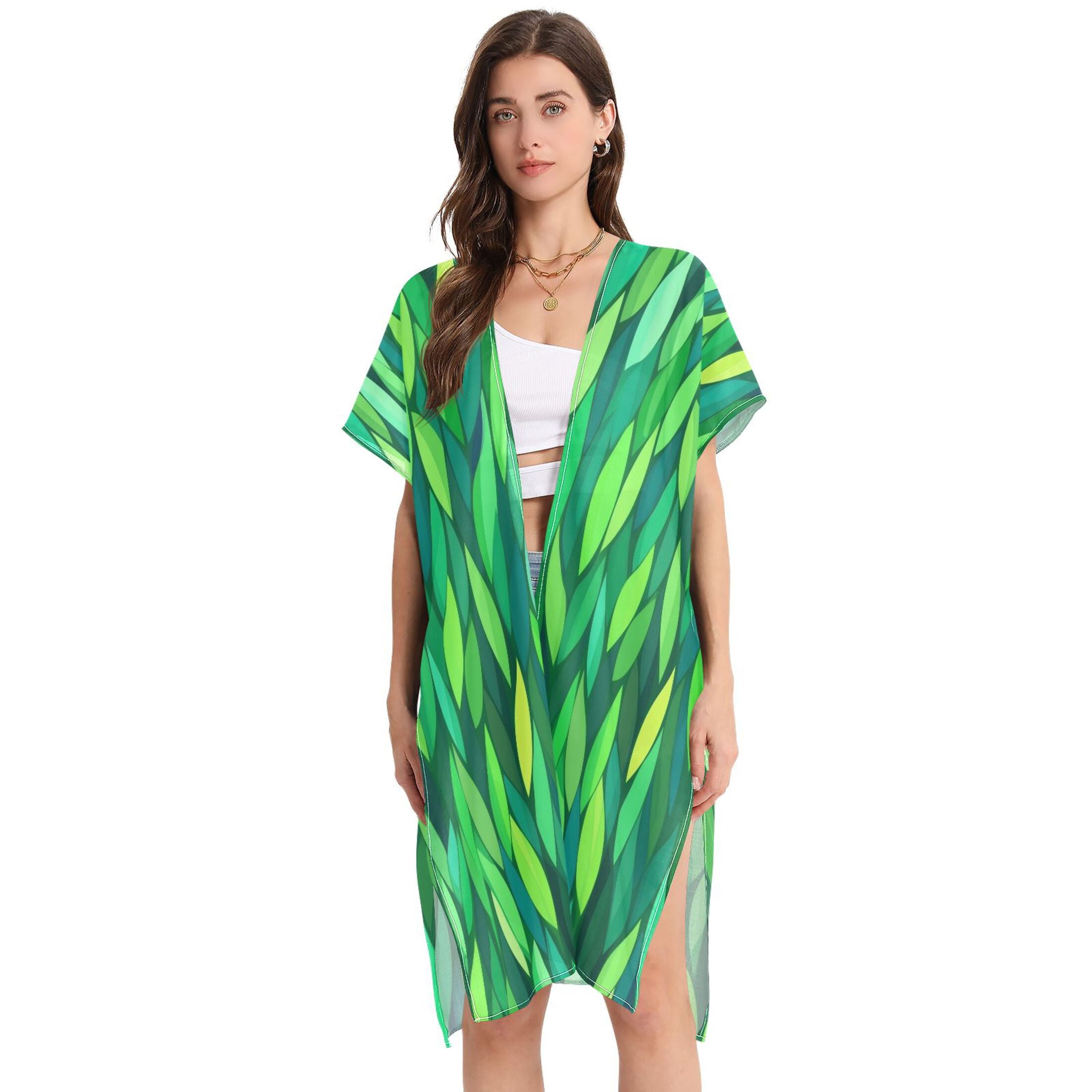 Bright Green Leaves Women's Swimwear Cover Up Summer Cardigan Beach ...