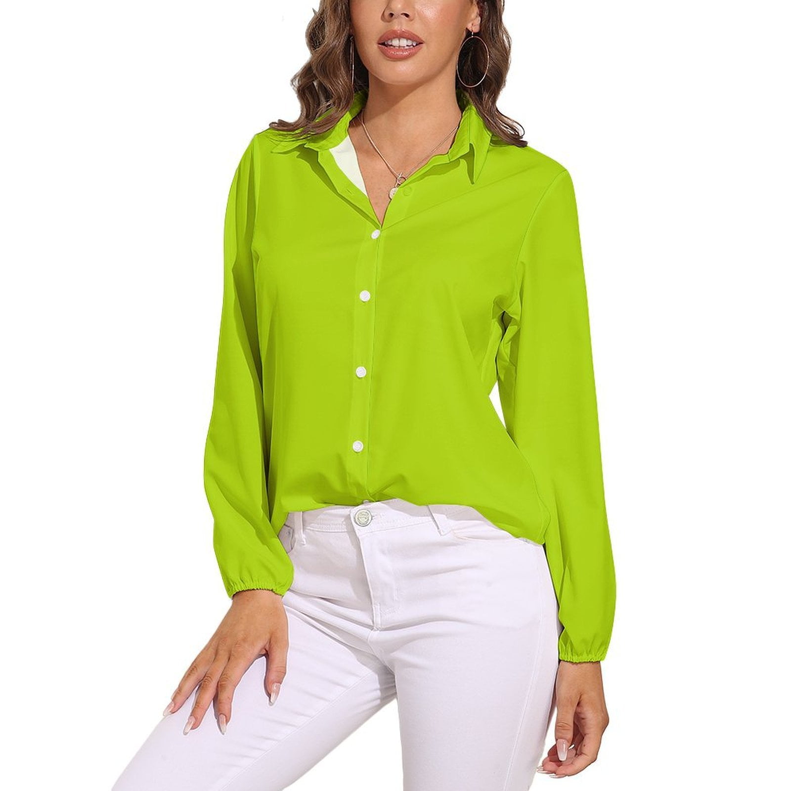 Bright Green Lime Neon Color (2) Long Sleeve Blouse Woman Streetwear ...