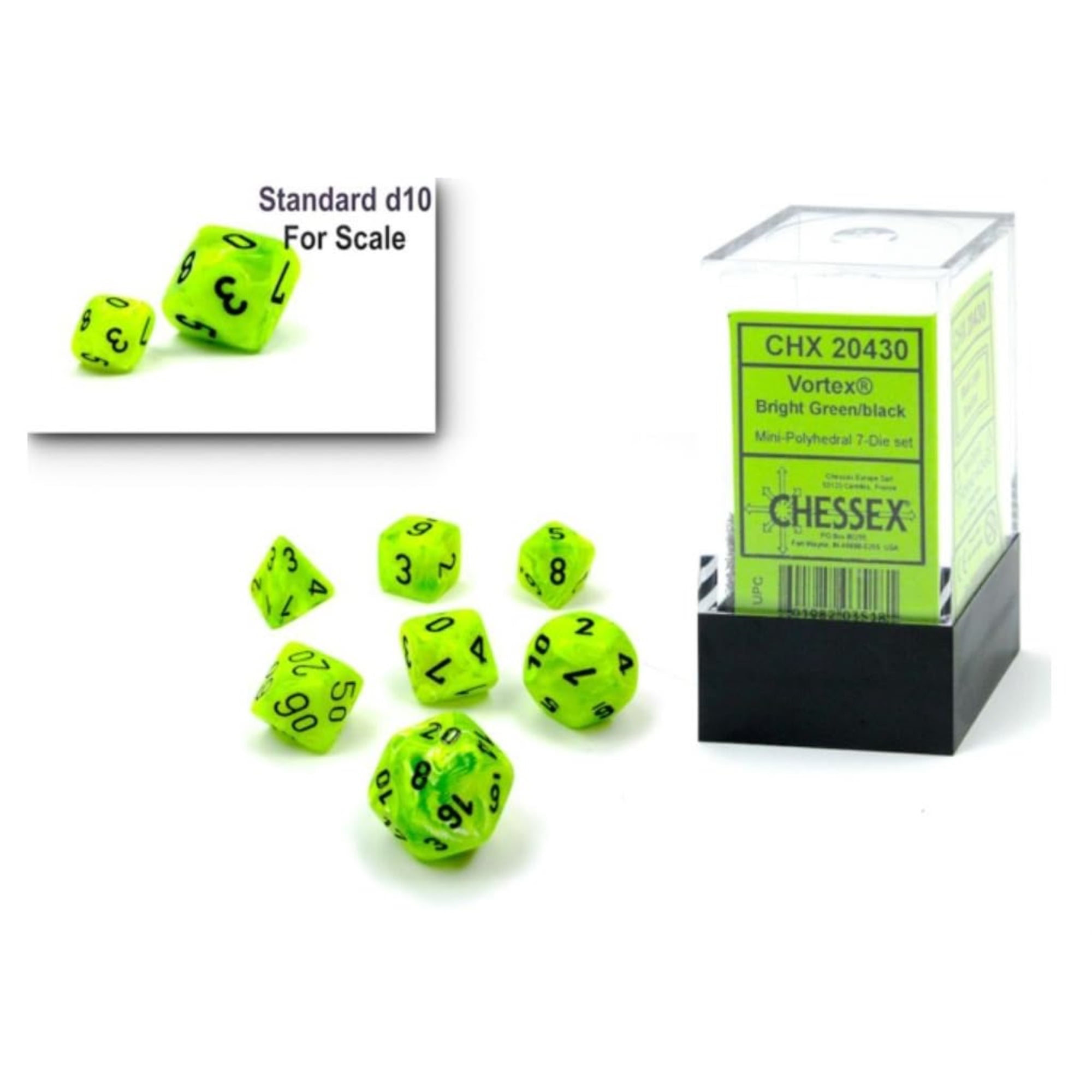 Chessex Dice Set – 10mm Vortex Bright Green/Black Plastic Polyhedral ...