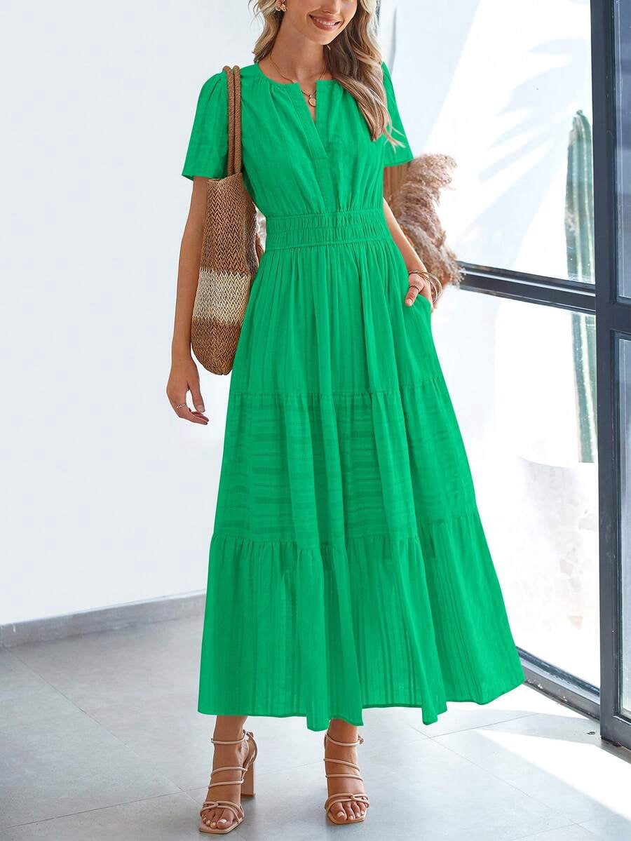 Bright Green Womens Short Sleeve Maxi Dress High Waist Tiered A-Line ...
